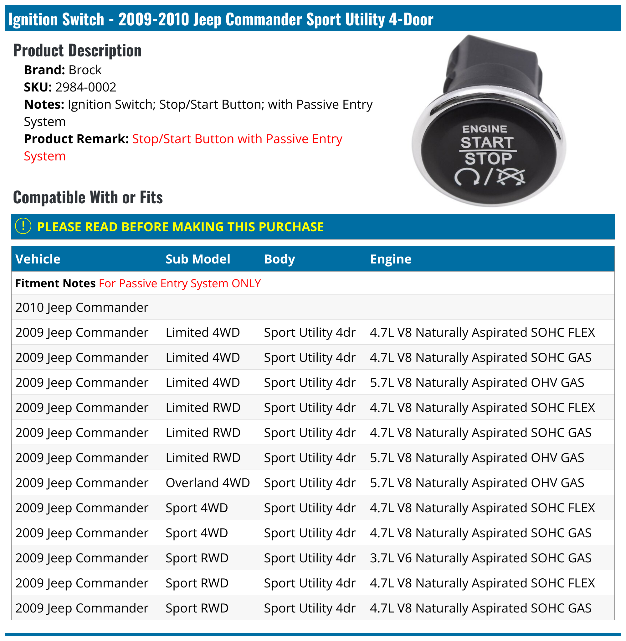 2009-2010 Jeep Commander Ignition Switch - Brock 2984-0002 - PartsGeek.com