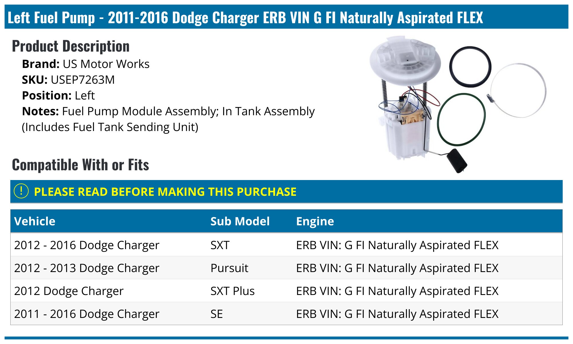 2006-2016 Dodge Charger Fuel Pump - US Motor Works USEP7263M - Left ...