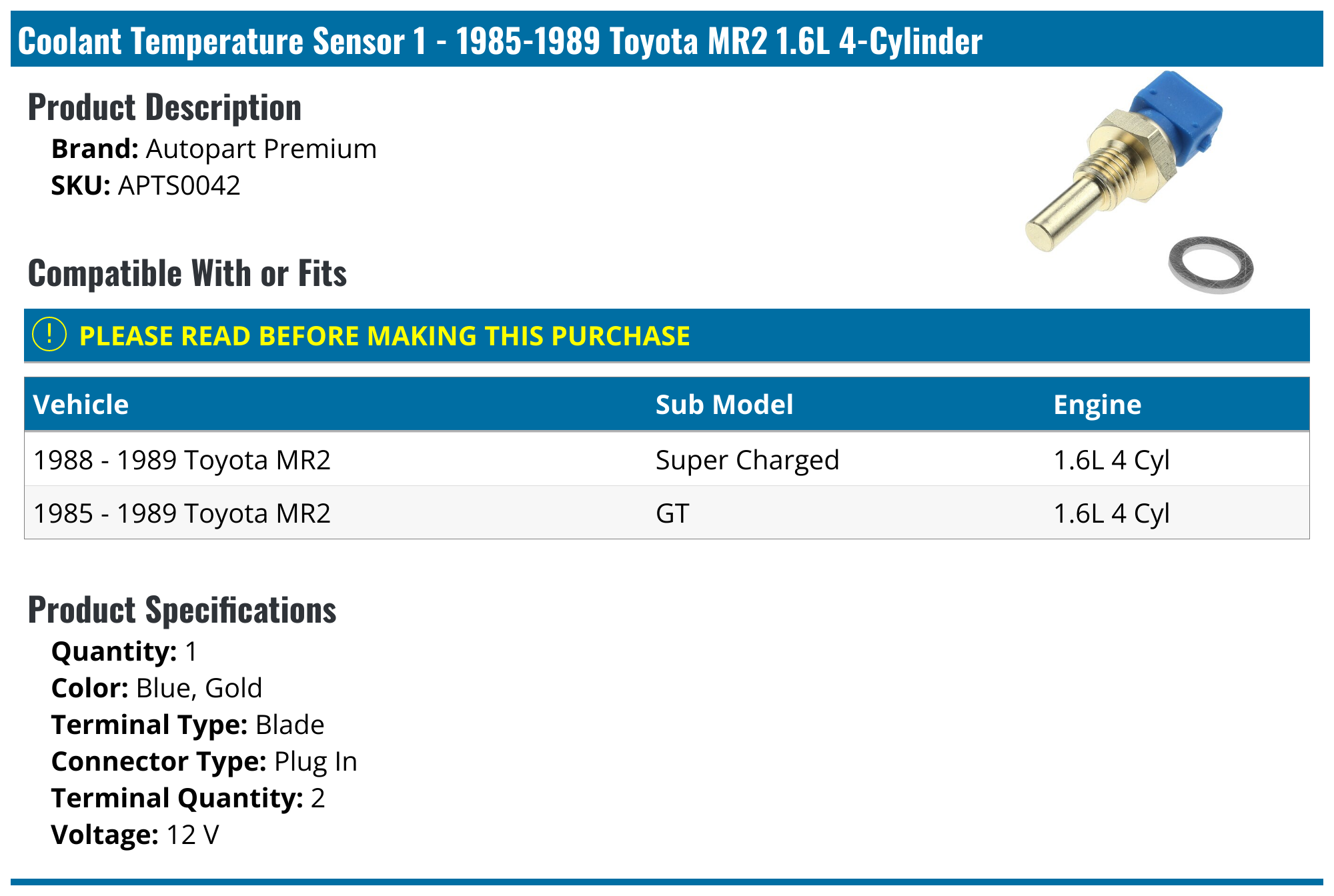 1985-1989 Toyota MR2 Engine Coolant Temperature Sensor - Autopart ...