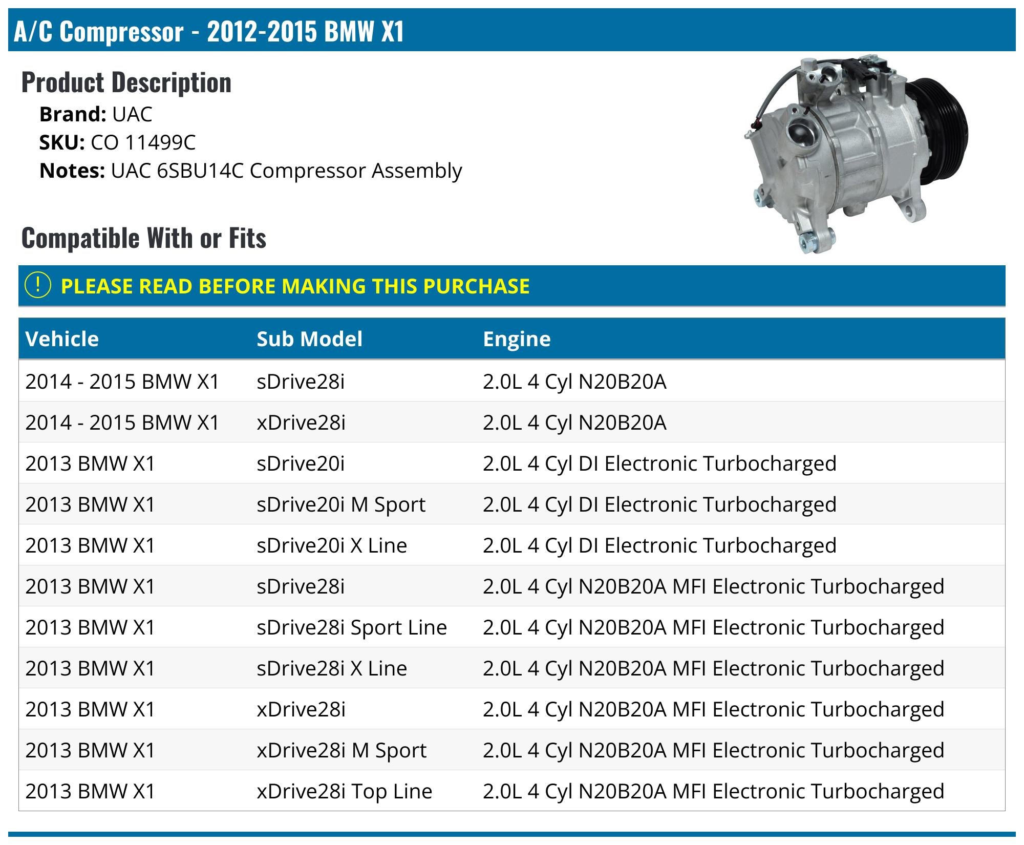 2012-2015 BMW X1 A/C Compressor - UAC CO 11499C - PartsGeek.com