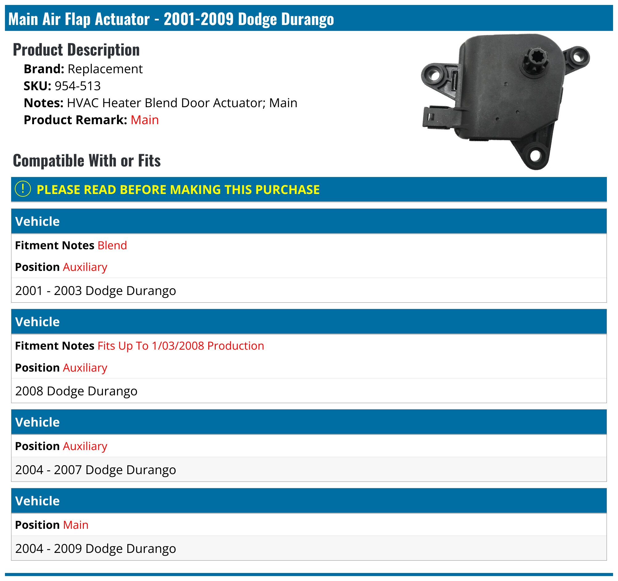 2001-2009 Dodge Durango Air Flap Actuator - Replacement 954-513 - Main ...
