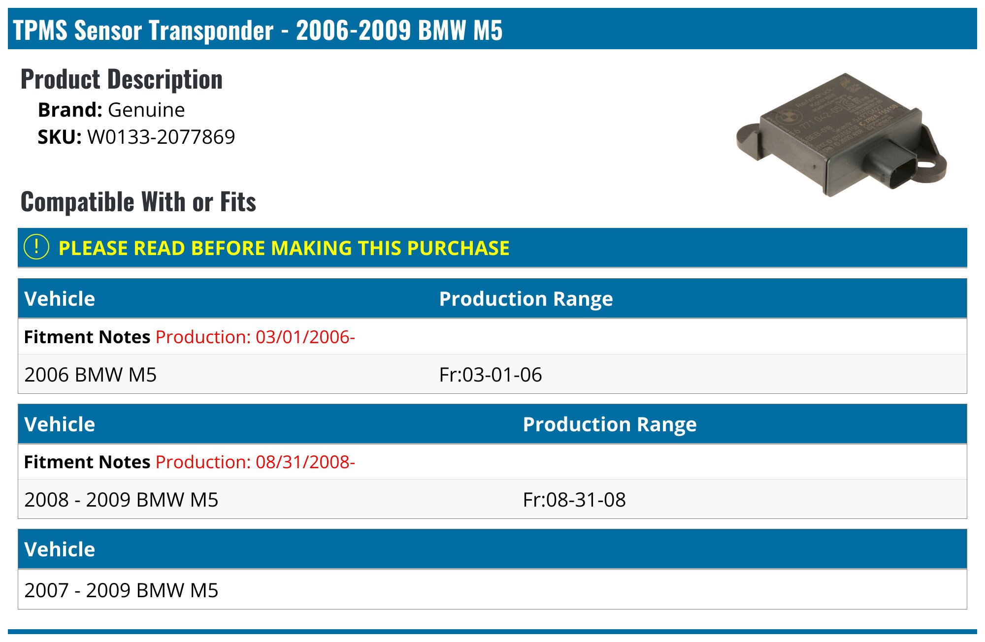 2006-2009 BMW M5 TPMS Sensor Transponder - Genuine W0133-2077869 ...