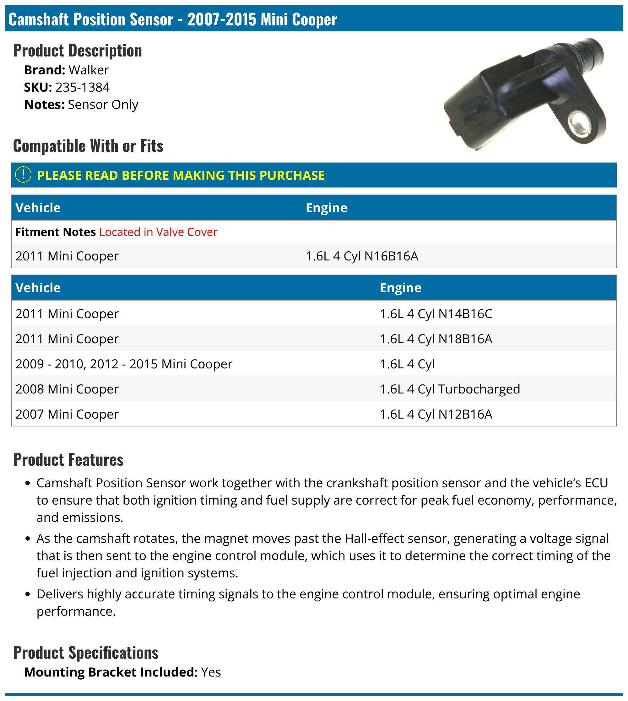 2007-2015 Mini Cooper Camshaft Position Sensor - Walker 235-1384 ...
