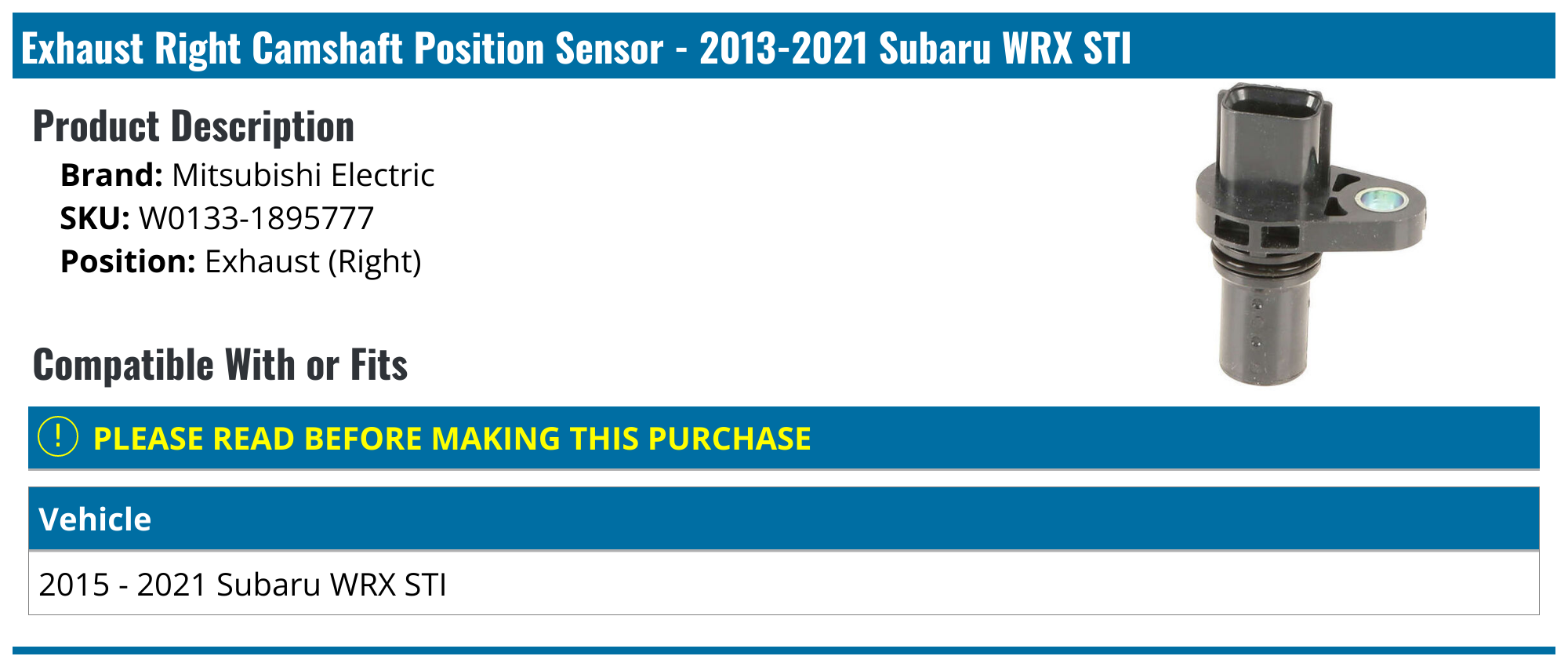 2013-2021 Subaru WRX STI Camshaft Position Sensor - Mitsubishi Electric ...