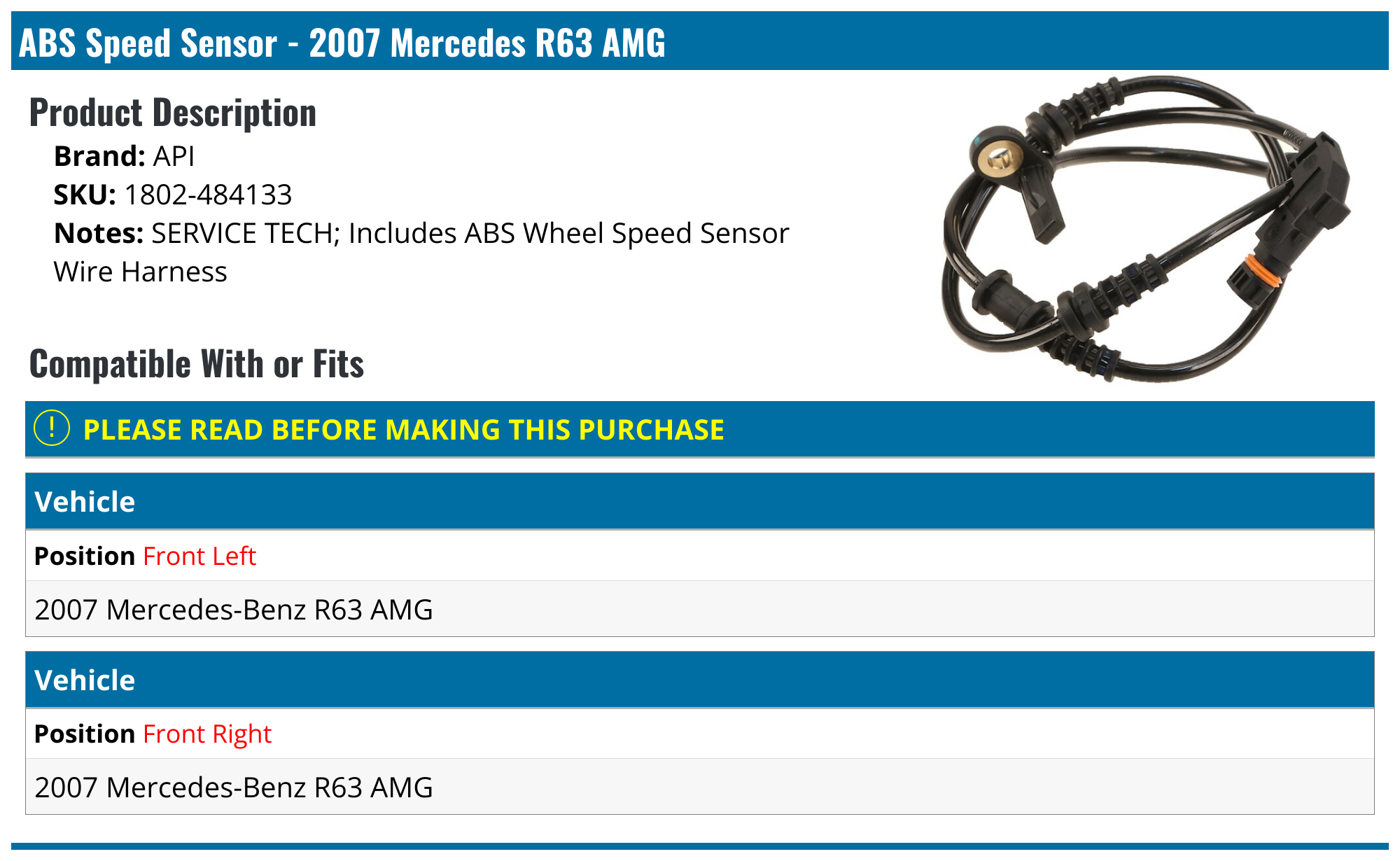 2007 Mercedes R63 AMG ABS Speed Sensor - API 19036-02244737 - Front ...