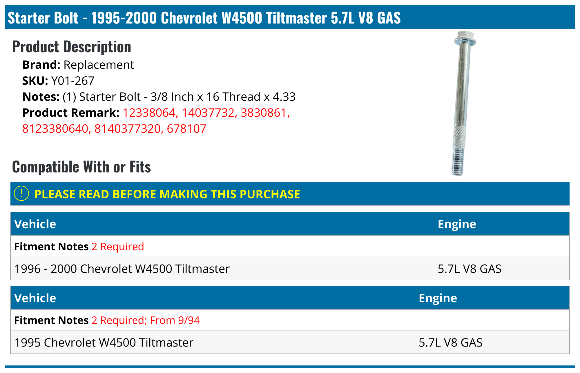 1995-2000 Chevrolet W4500 Tiltmaster Starter Bolt - Replacement Y01-267 ...