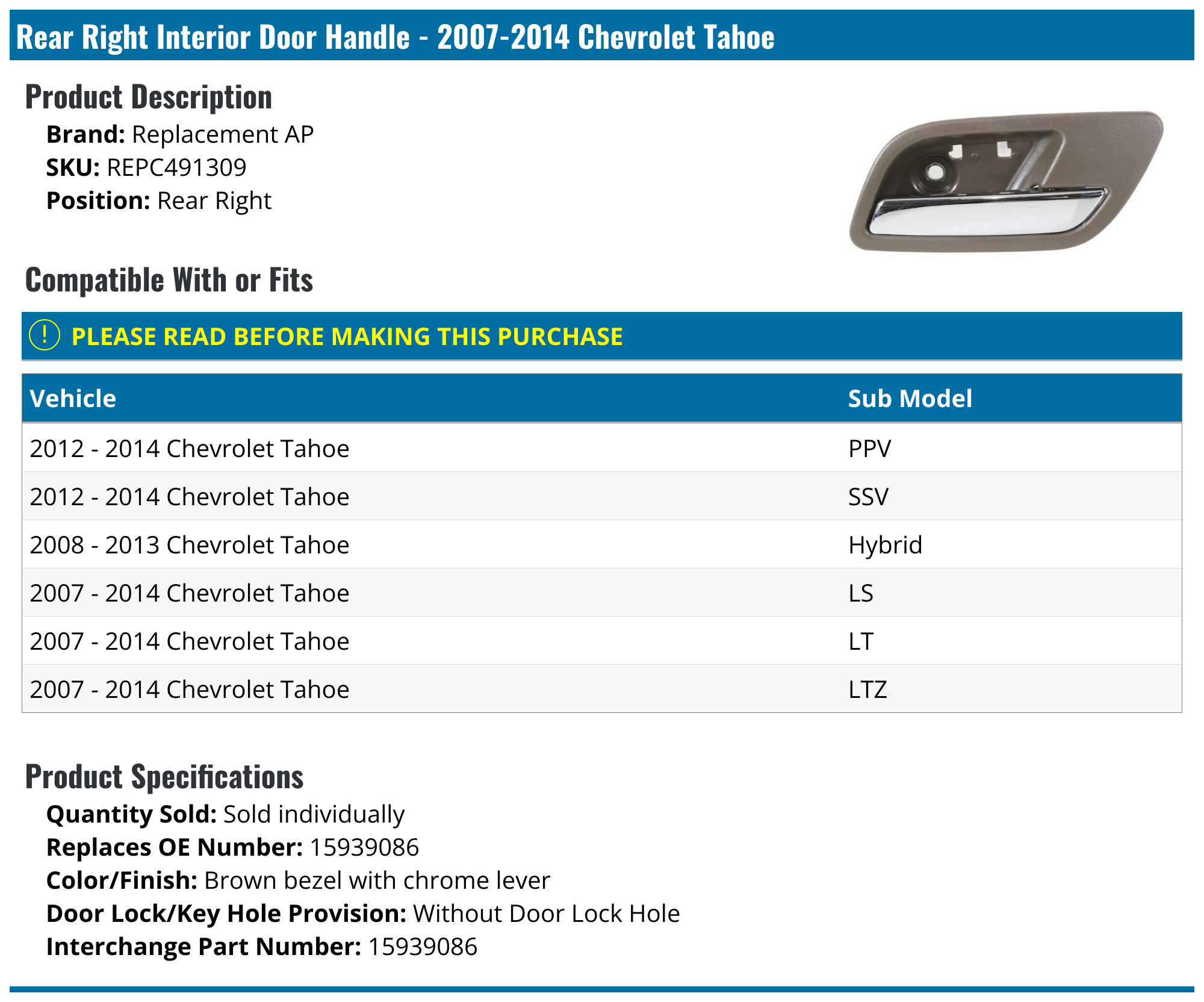 2007-2014 Chevrolet Tahoe Door Handle - Replacement AP REPC491309 ...