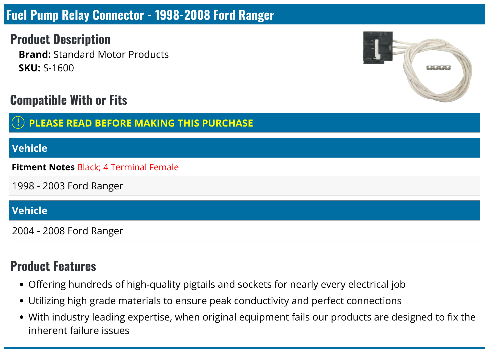 1998-2008 Ford Ranger Fuel Pump Relay Connector - Standard Motor ...
