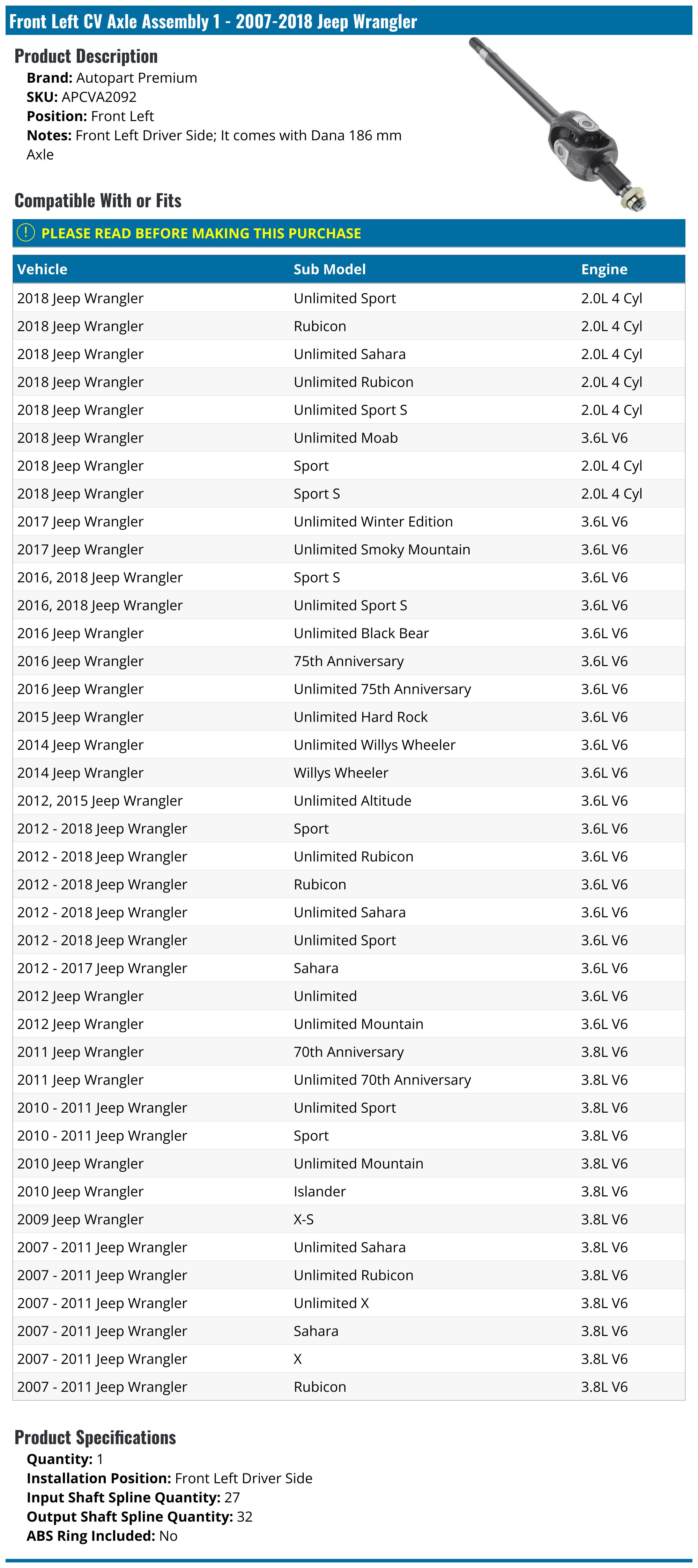 2007-2018 Jeep Wrangler Axle Assembly - Autopart Premium APCVA2092 ...