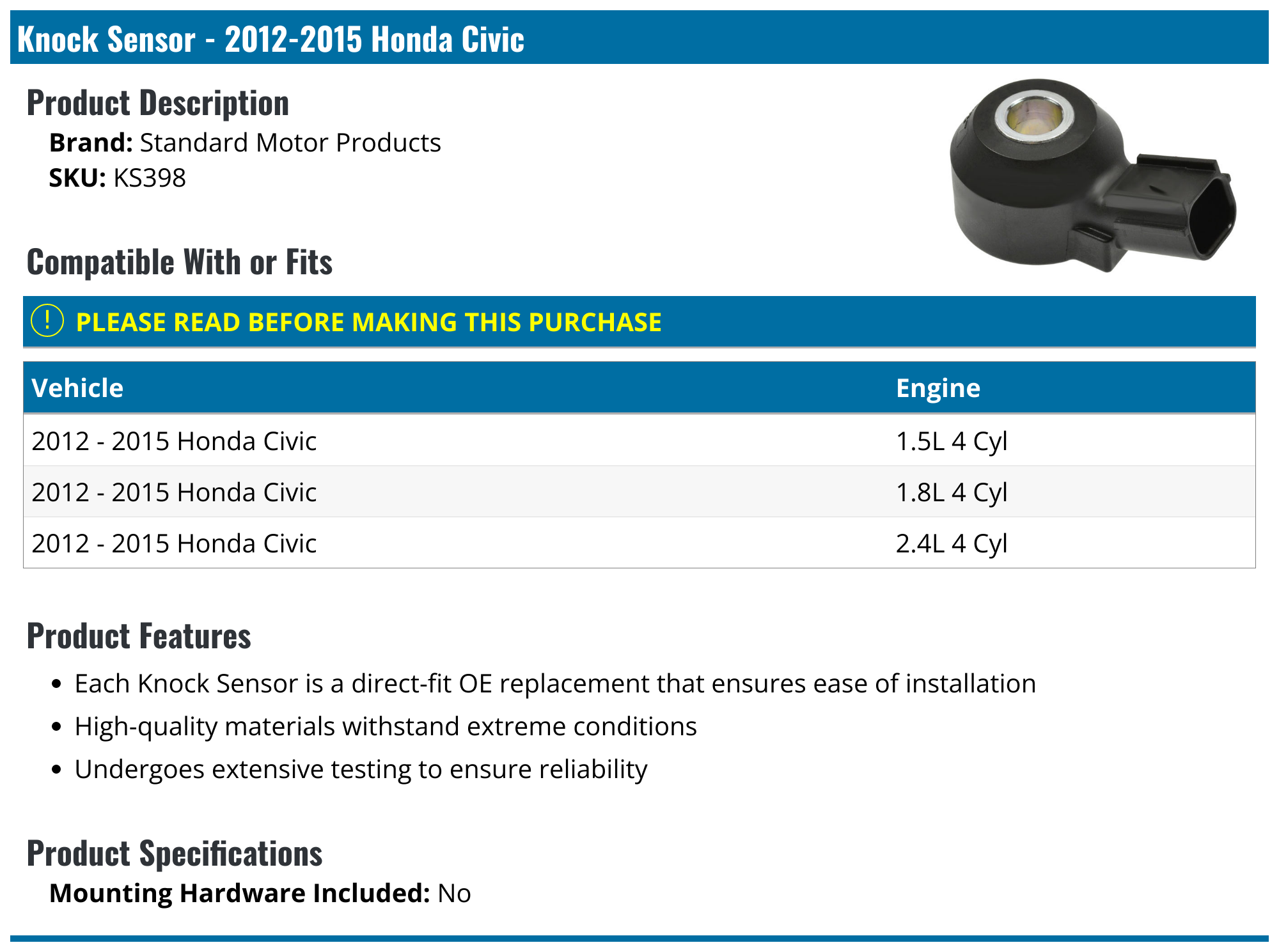 2012-2015 Honda Civic Knock Sensor - Standard Motor Products KS398 ...