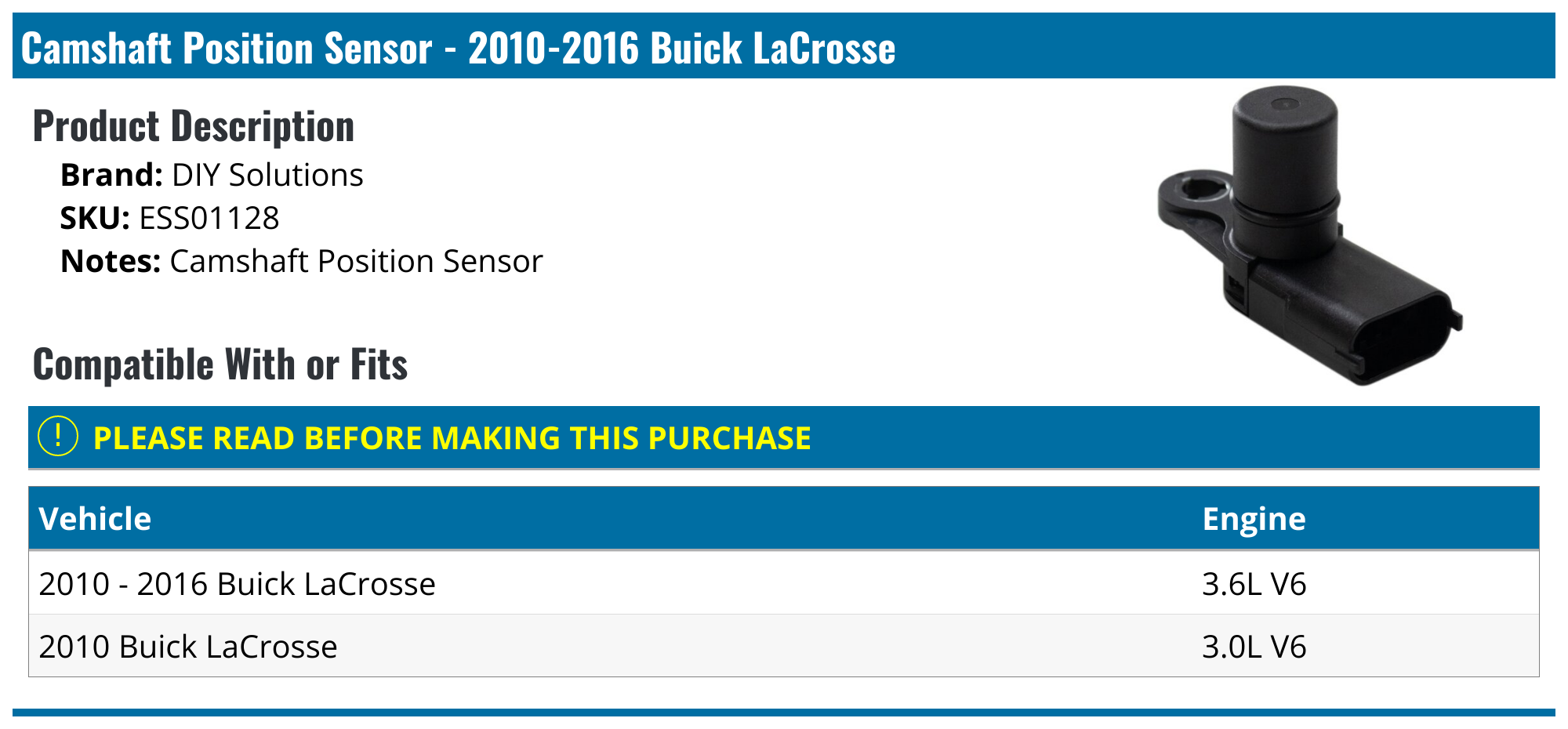 2010-2016 Buick LaCrosse Camshaft Position Sensor - DIY Solutions ESS01128 - PartsGeek.com