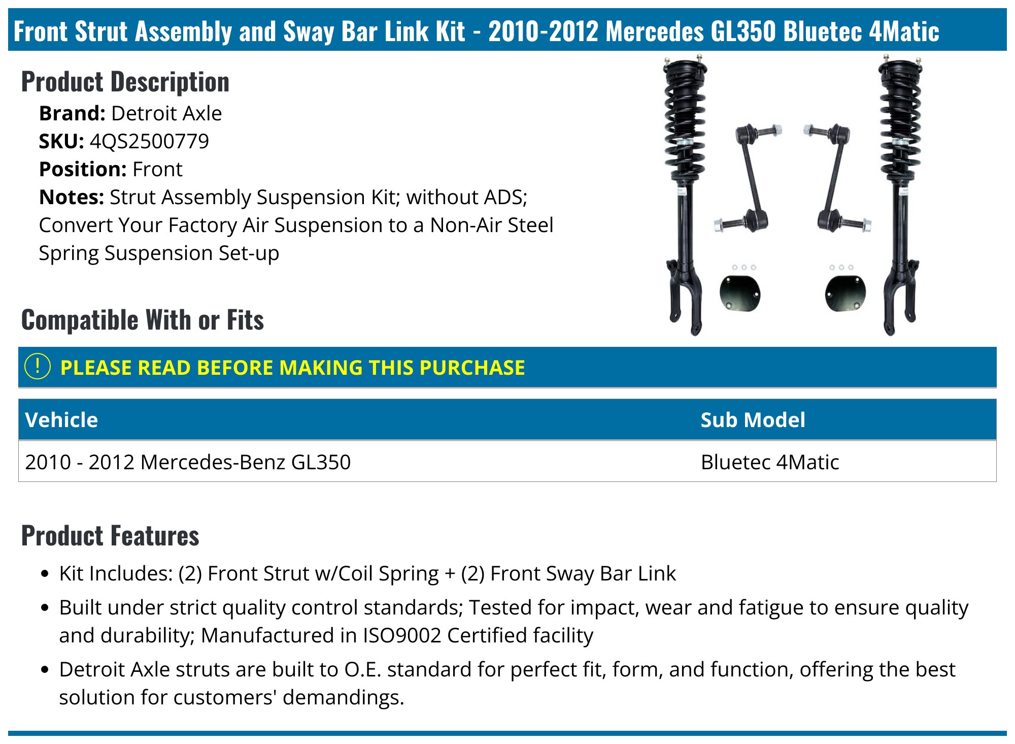 2010-2012 Mercedes GL350 Strut Assembly - Detroit Axle 4QS2500779 ...