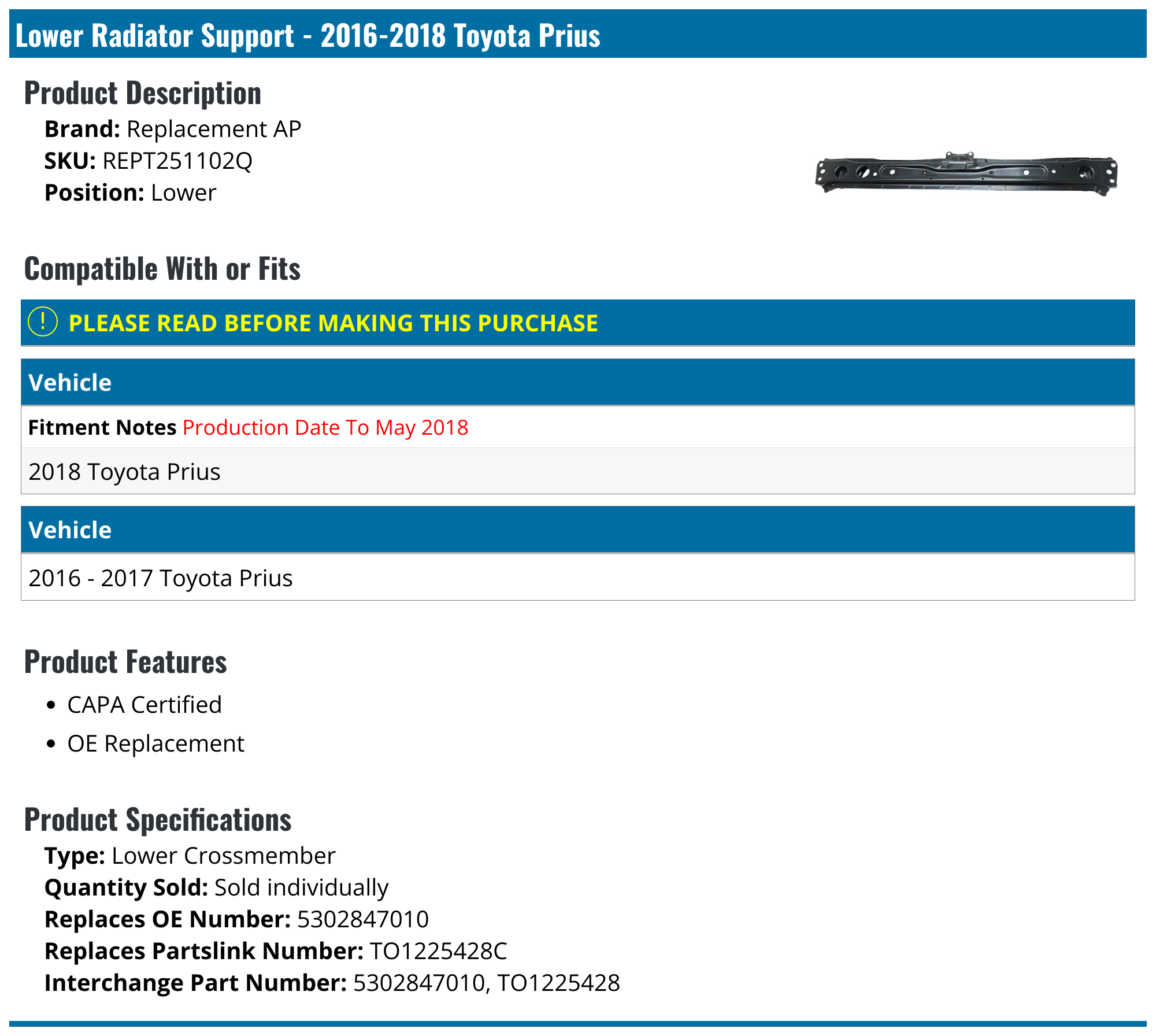 2016-2018 Toyota Prius Radiator Support - Replacement AP REPT251102Q ...