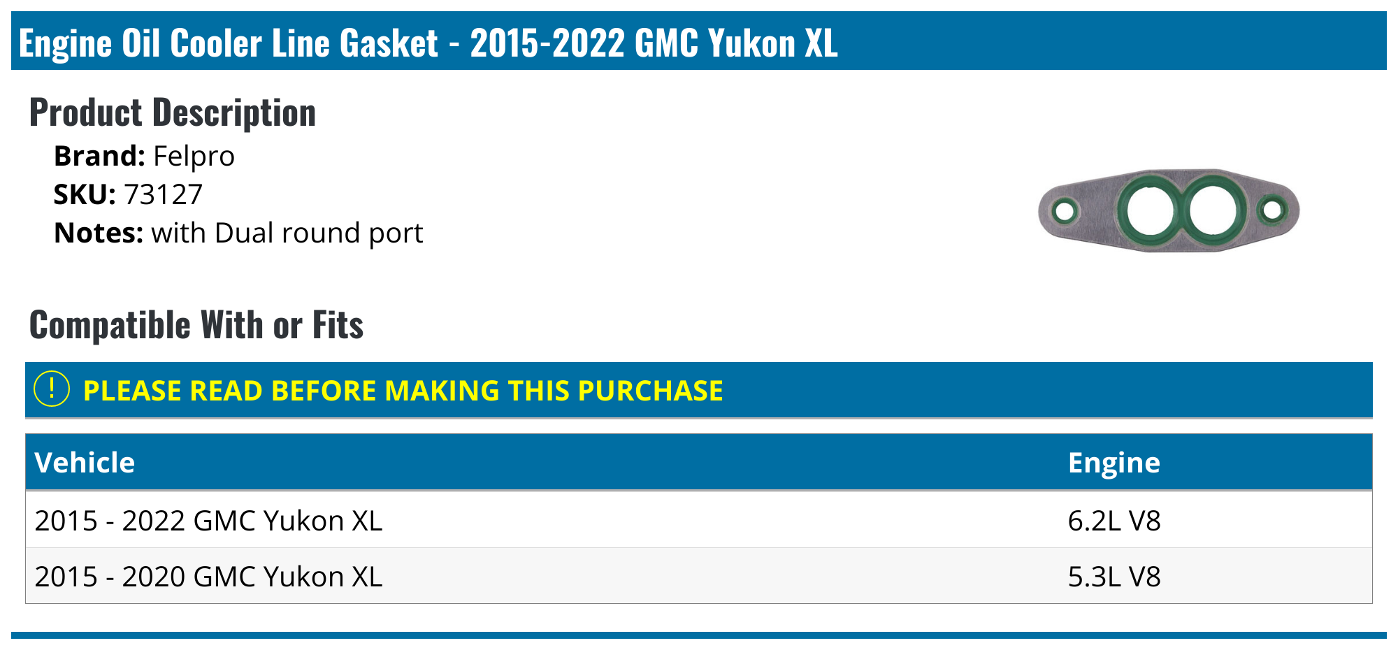 2015-2022 GMC Yukon XL Engine Oil Cooler Line Gasket - Felpro 73127 ...