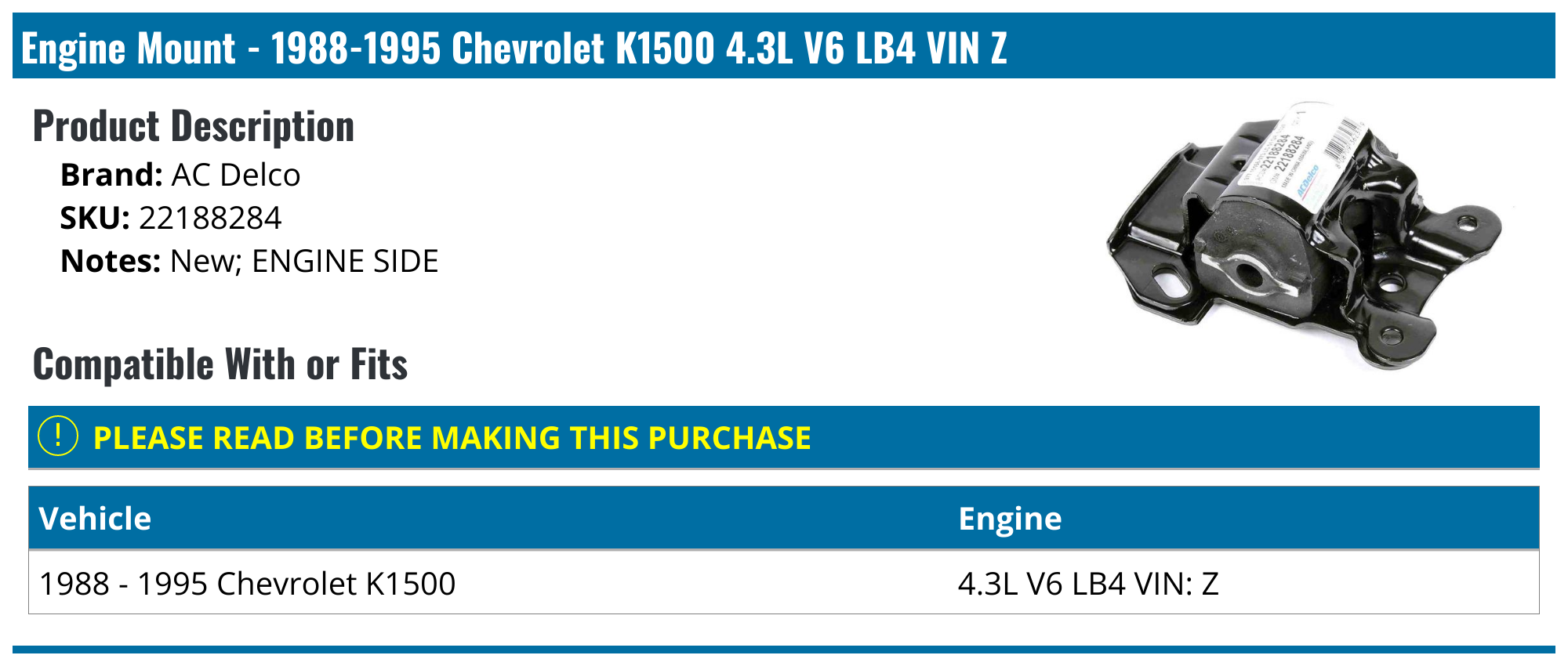 1988-1995 Chevrolet K1500 Engine Mount - AC Delco 22188284 ...