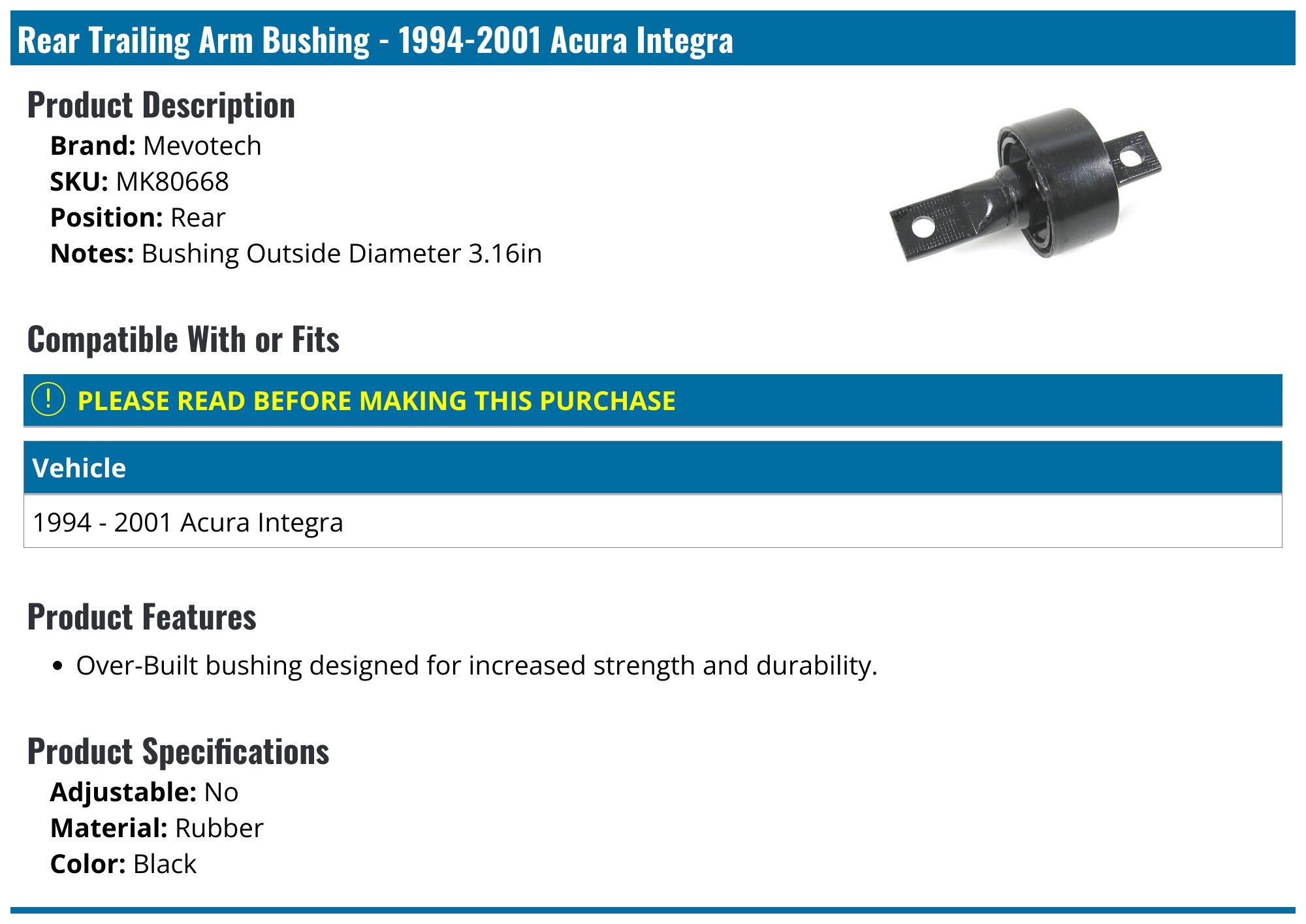 1994-2001 Acura Integra Trailing Arm Bushing - Mevotech MK80668 - Rear ...