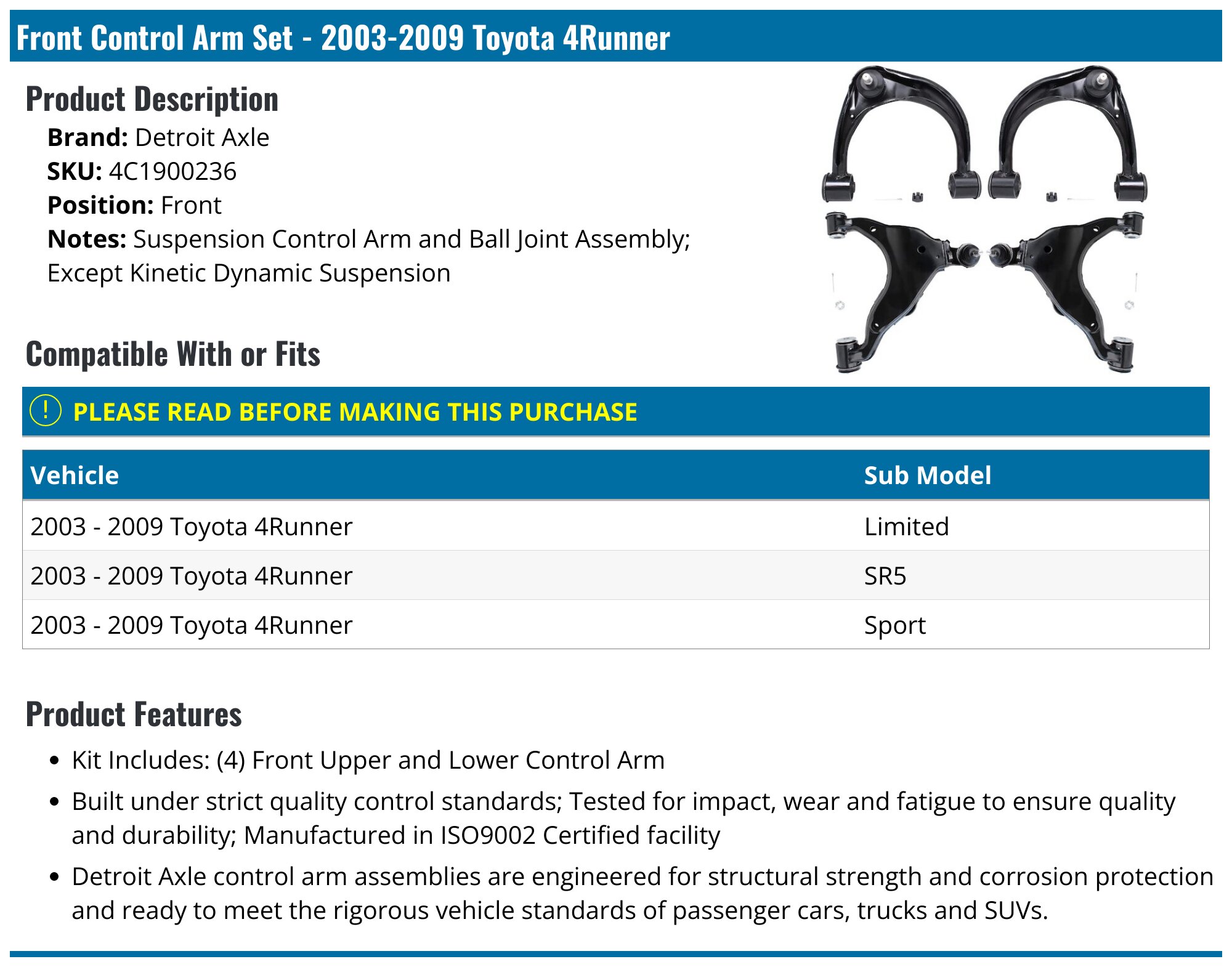 2003-2009 Toyota 4Runner Control Arm - Detroit Axle 4C1900236 - Front ...