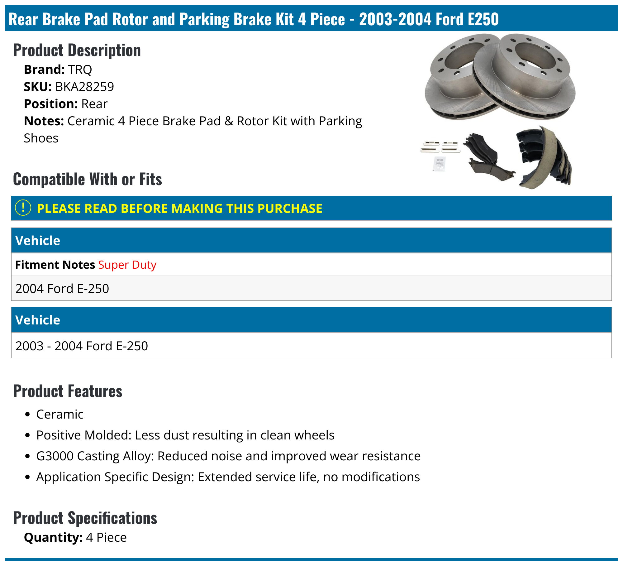 2003-2004 Ford E250 Brake Rotor - TRQ BKA28259 - Rear - PartsGeek.com