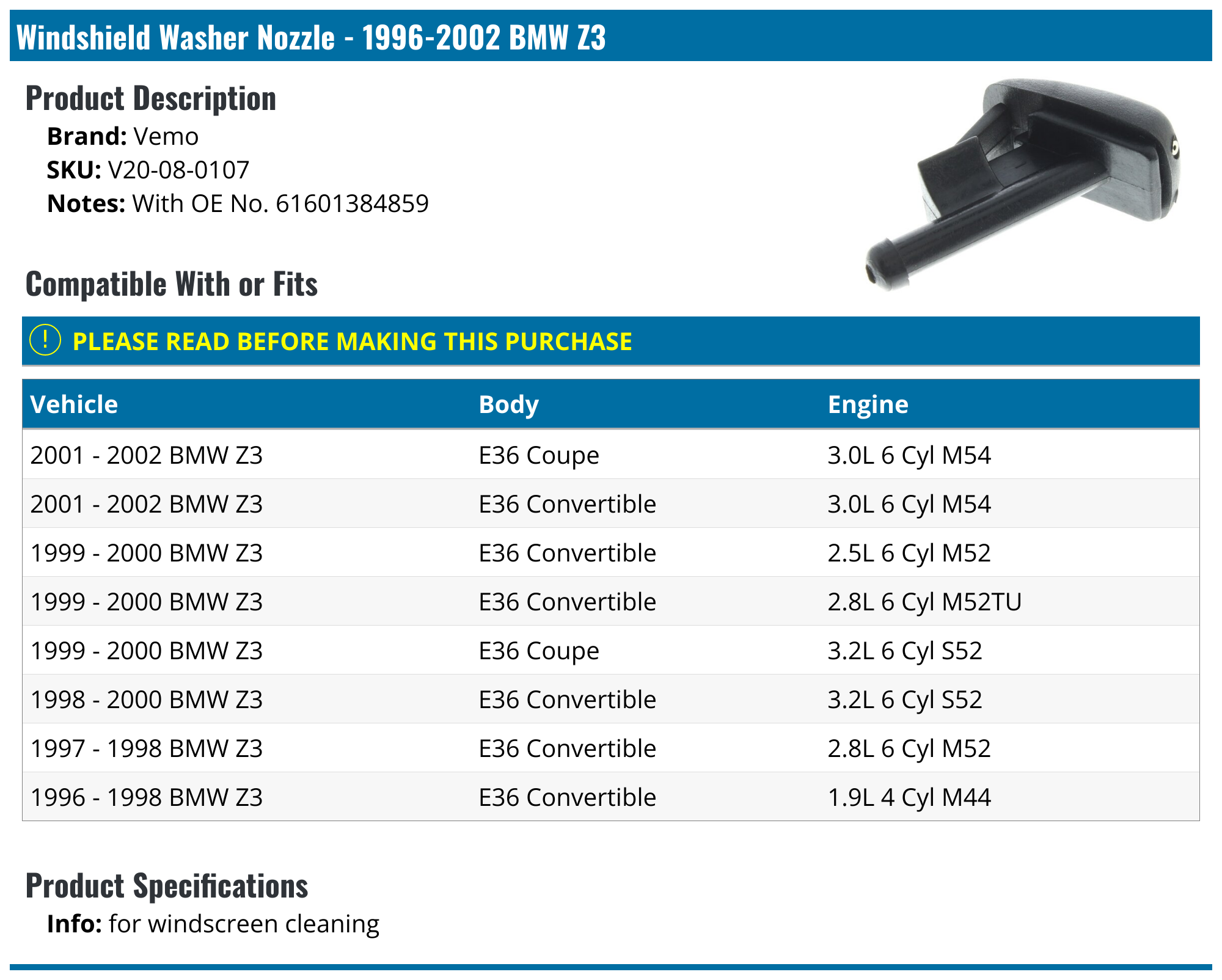 1996-2002 BMW Z3 Windshield Washer Nozzle - Vemo V20-08-0107 ...