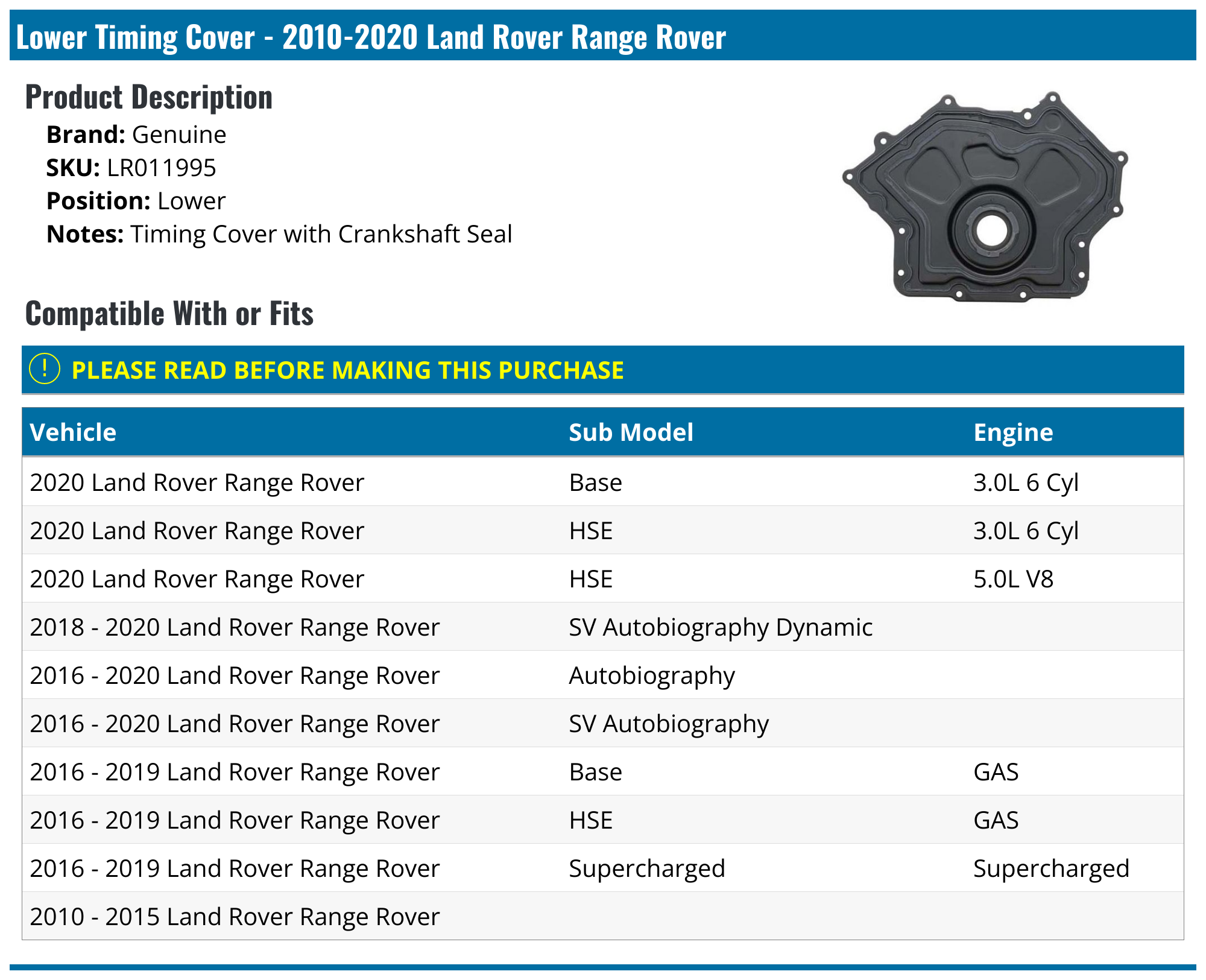 2010-2020 Land Rover Range Rover Timing Cover - Genuine LR011995 ...