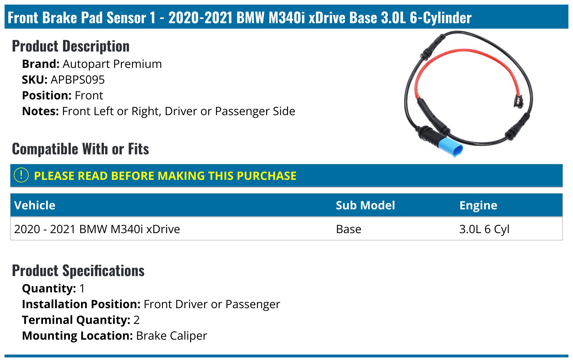 2020-2021 BMW M340i xDrive Brake Pad Wear Sensor - Autopart Premium ...