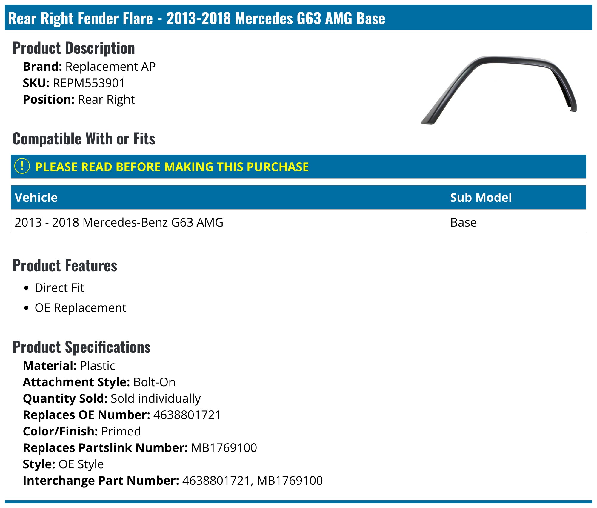 2013-2018 Mercedes G63 AMG Fender Flare - Replacement AP REPM553901 ...