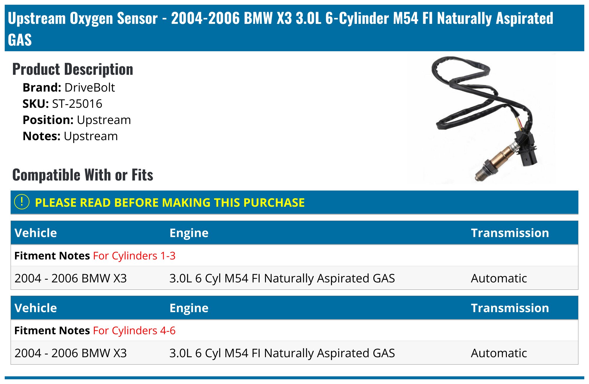 2004-2006 BMW X3 Oxygen Sensor - DriveBolt ST-25016 - Upstream ...