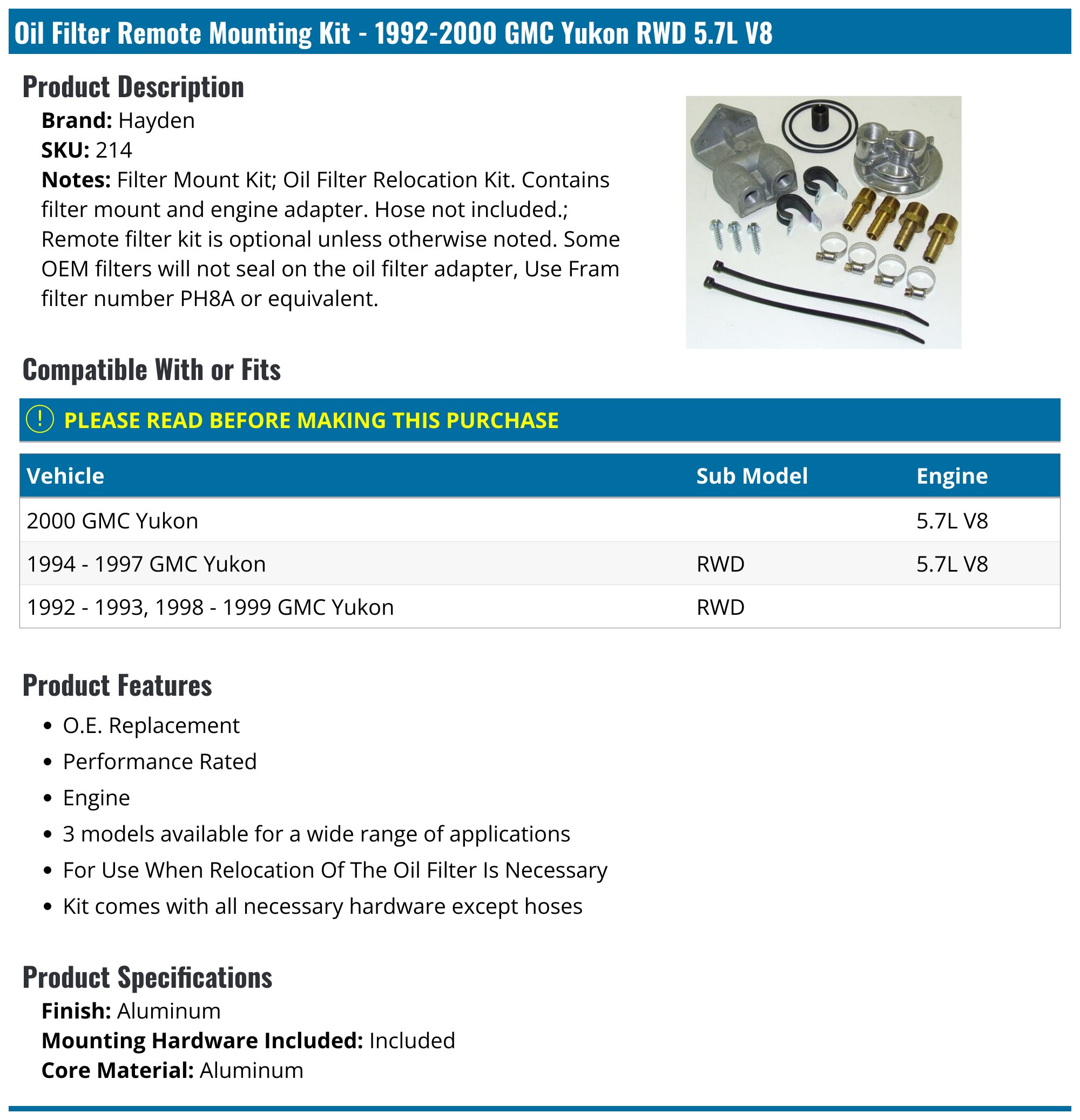 1992-2000 GMC Yukon Oil Filter Remote Mounting Kit - Hayden 214 ...