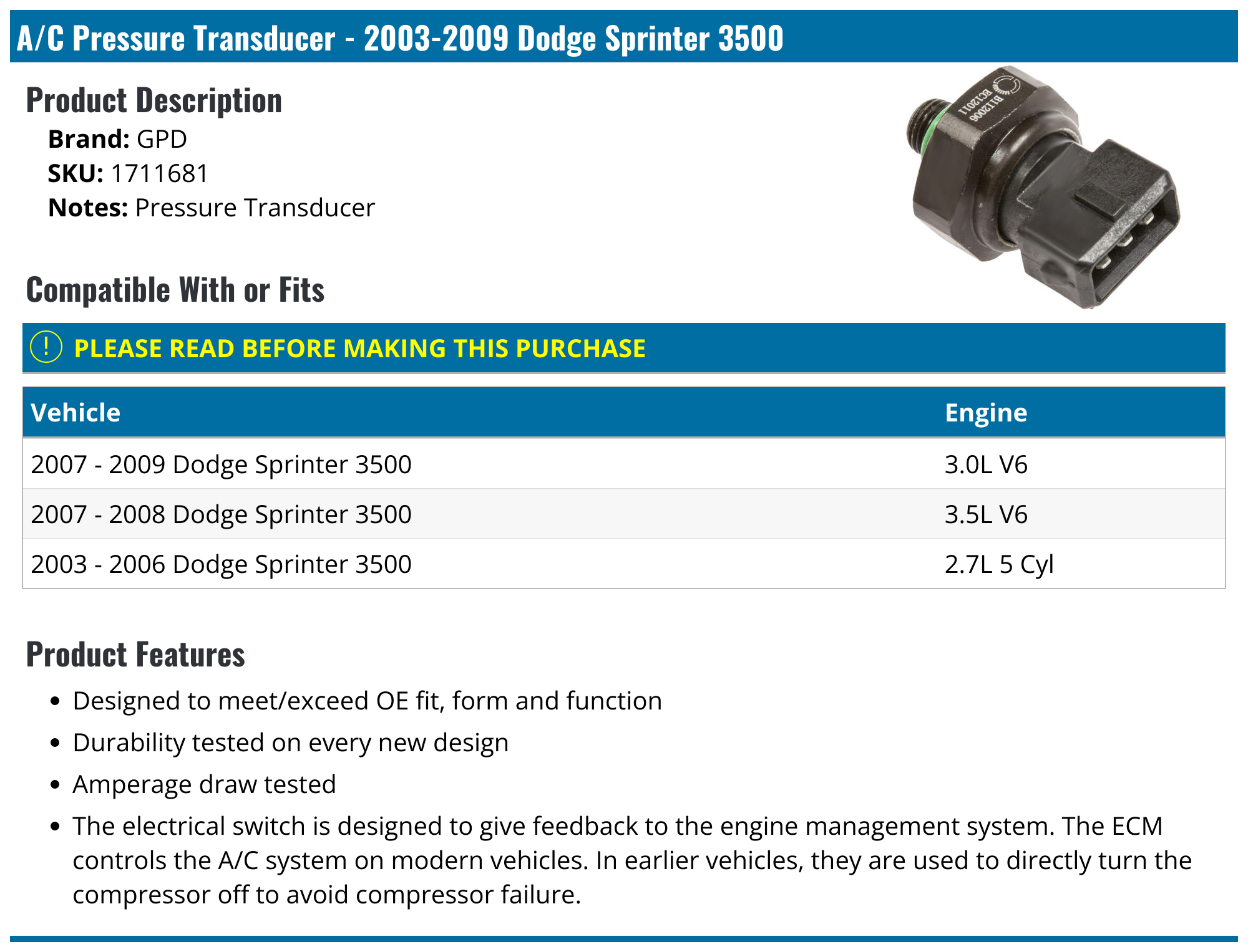2003-2009 Dodge Sprinter 3500 A/C Pressure Transducer - GPD 1711681 ...