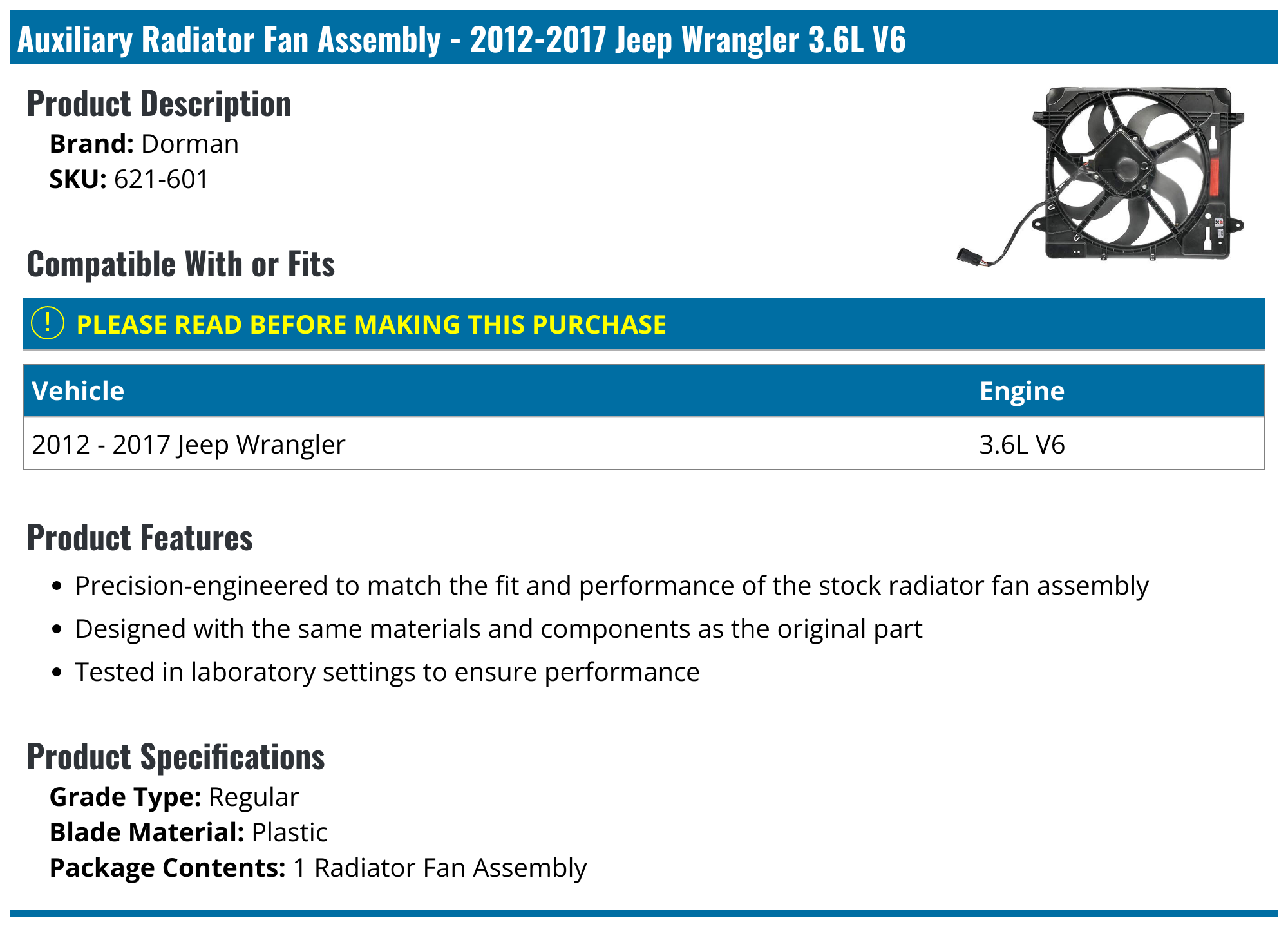 2012-2017 Jeep Wrangler Radiator Fan Assembly - Dorman 621-601 ...