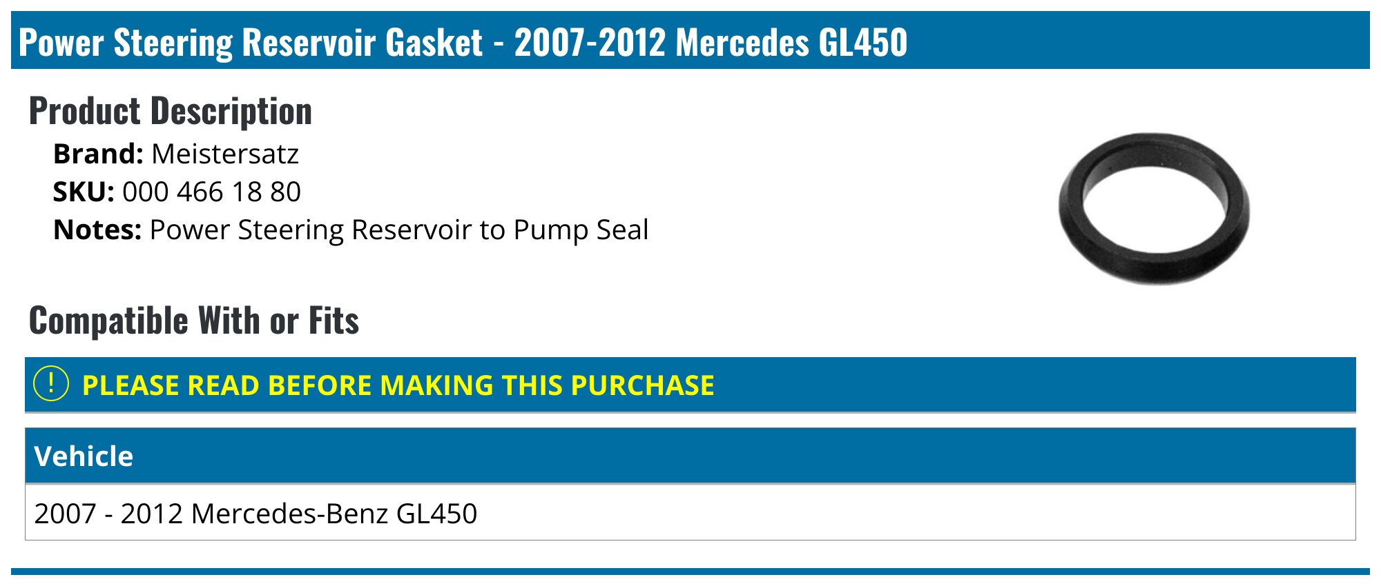 2007-2012 Mercedes GL450 Power Steering Reservoir Gasket - Meistersatz ...
