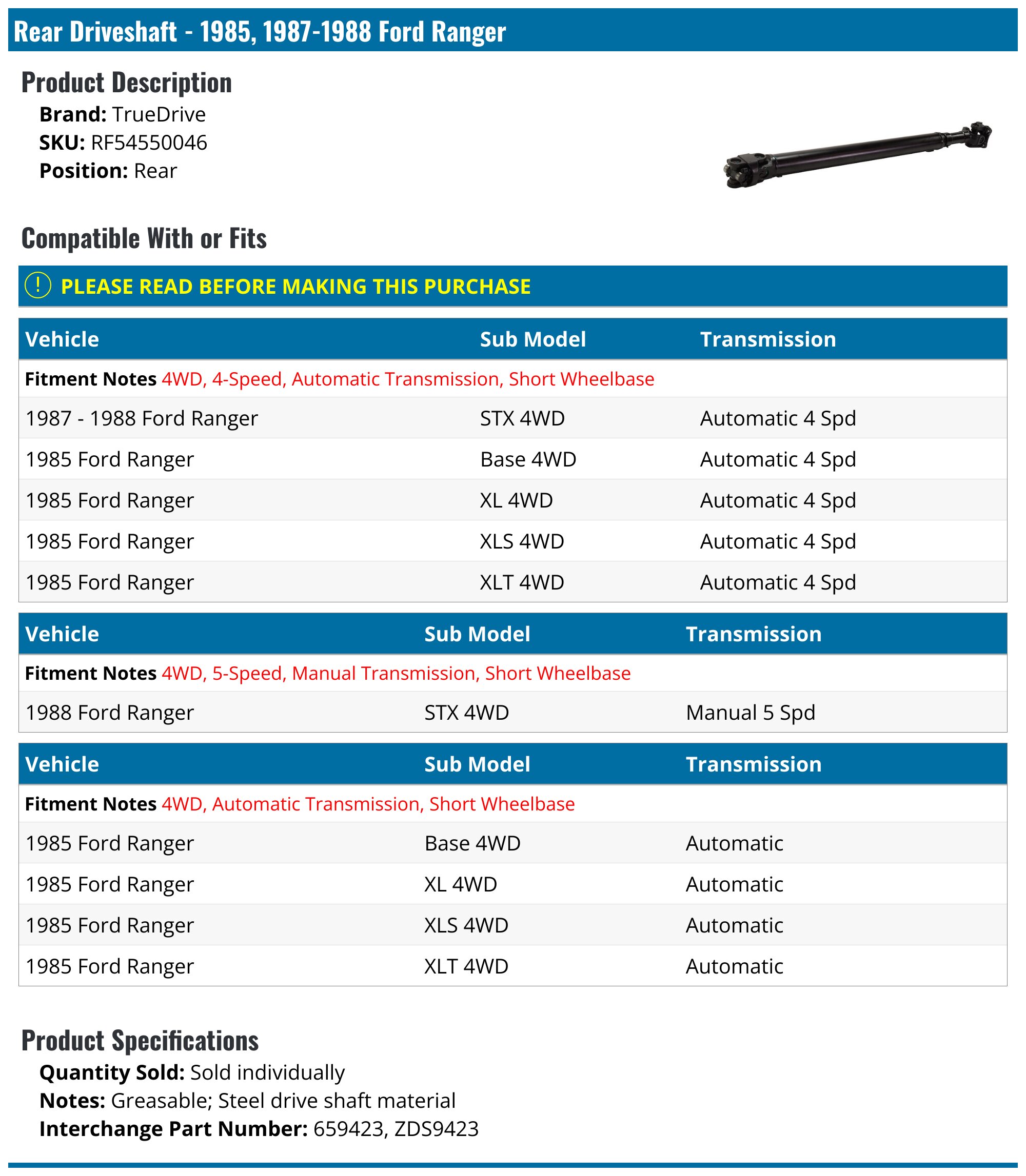 1985, 1987-1988 Ford Ranger Drive Shaft - TrueDrive RF54550046 - Rear ...