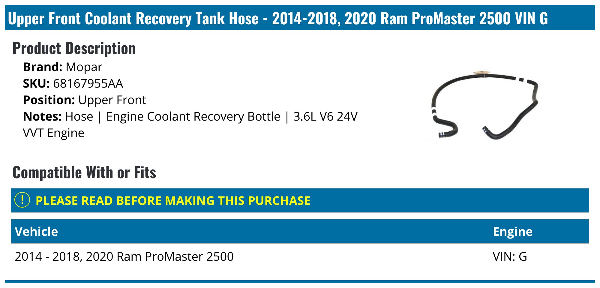 2014-2018, 2020 Ram ProMaster 2500 Coolant Breather Pipe - Mopar ...
