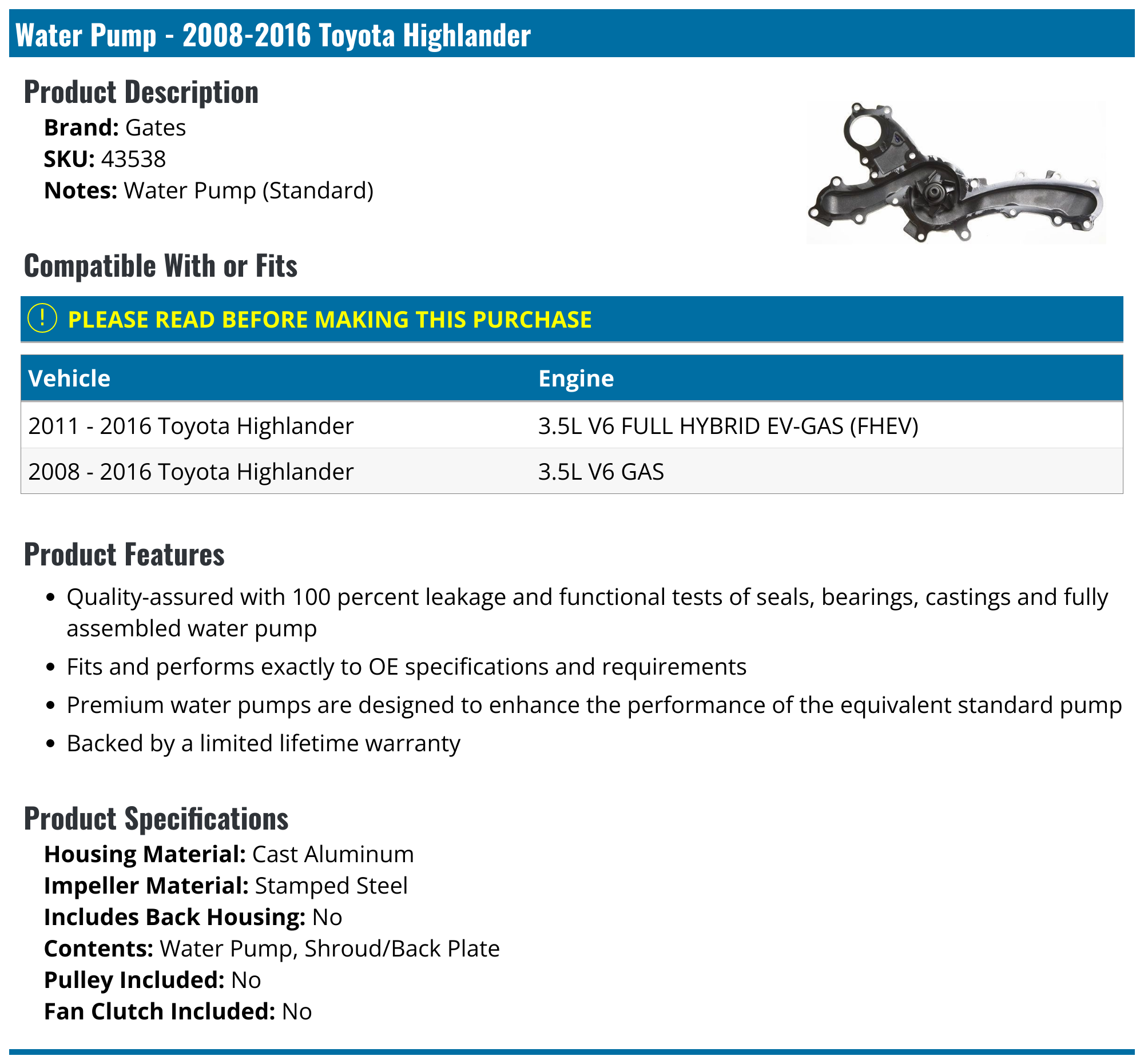 2008-2016 Toyota Highlander Water Pump - Gates 43538 - PartsGeek.com