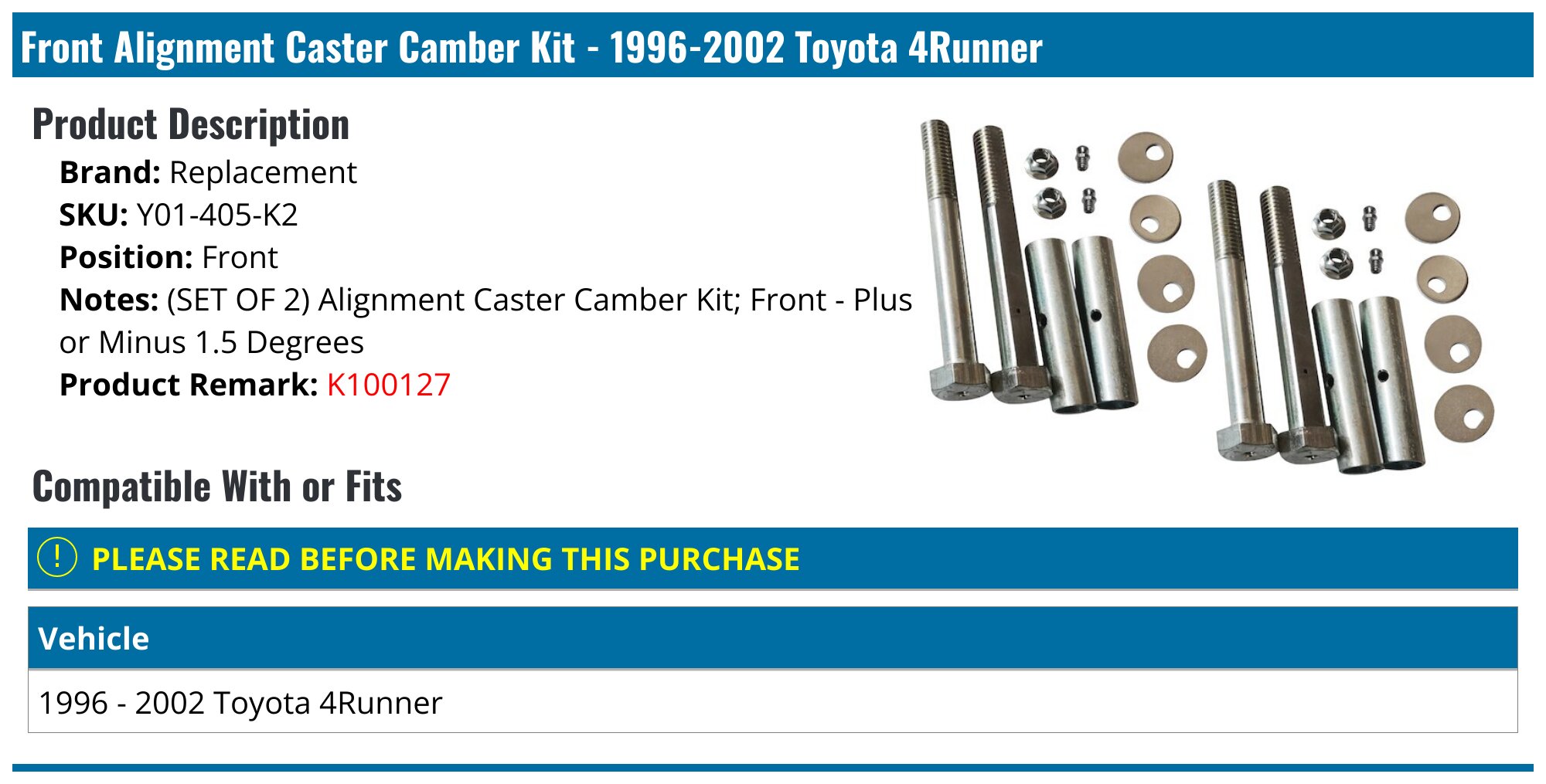 1996-2002 Toyota 4Runner Alignment Caster Camber Kit - Replacement Y01 ...