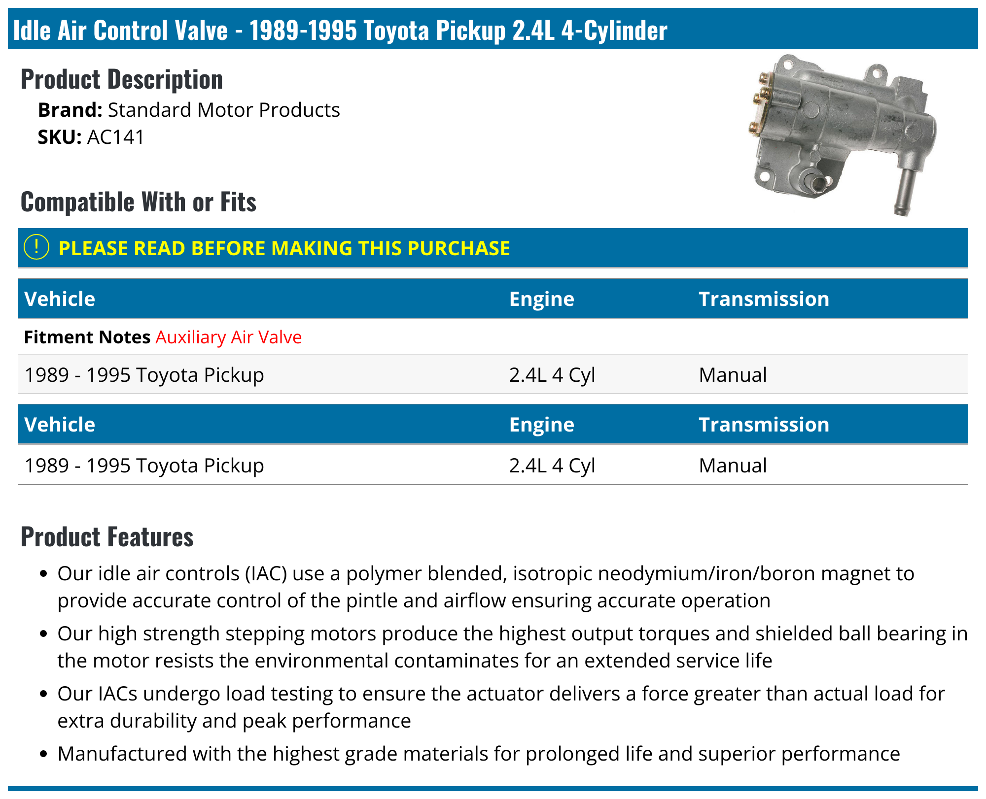 1989-1995 Toyota Pickup Idle Control Valve - Standard Motor Products ...