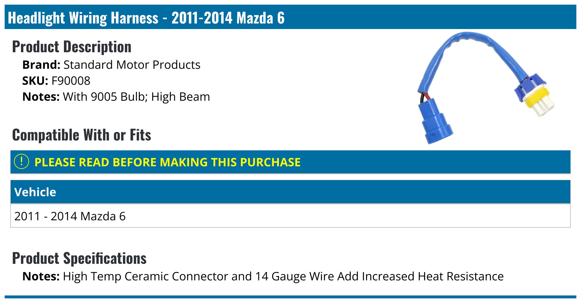 2011-2014 Mazda 6 Headlight Wiring Harness - Standard Motor Products ...