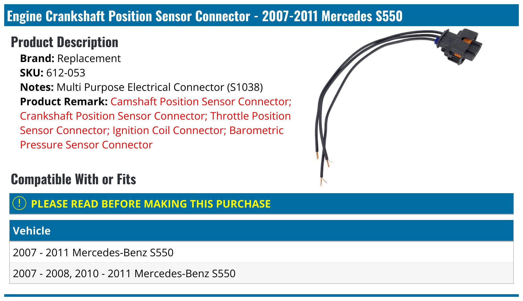 2007-2011 Mercedes S550 Engine Crankshaft Position Sensor Connector ...