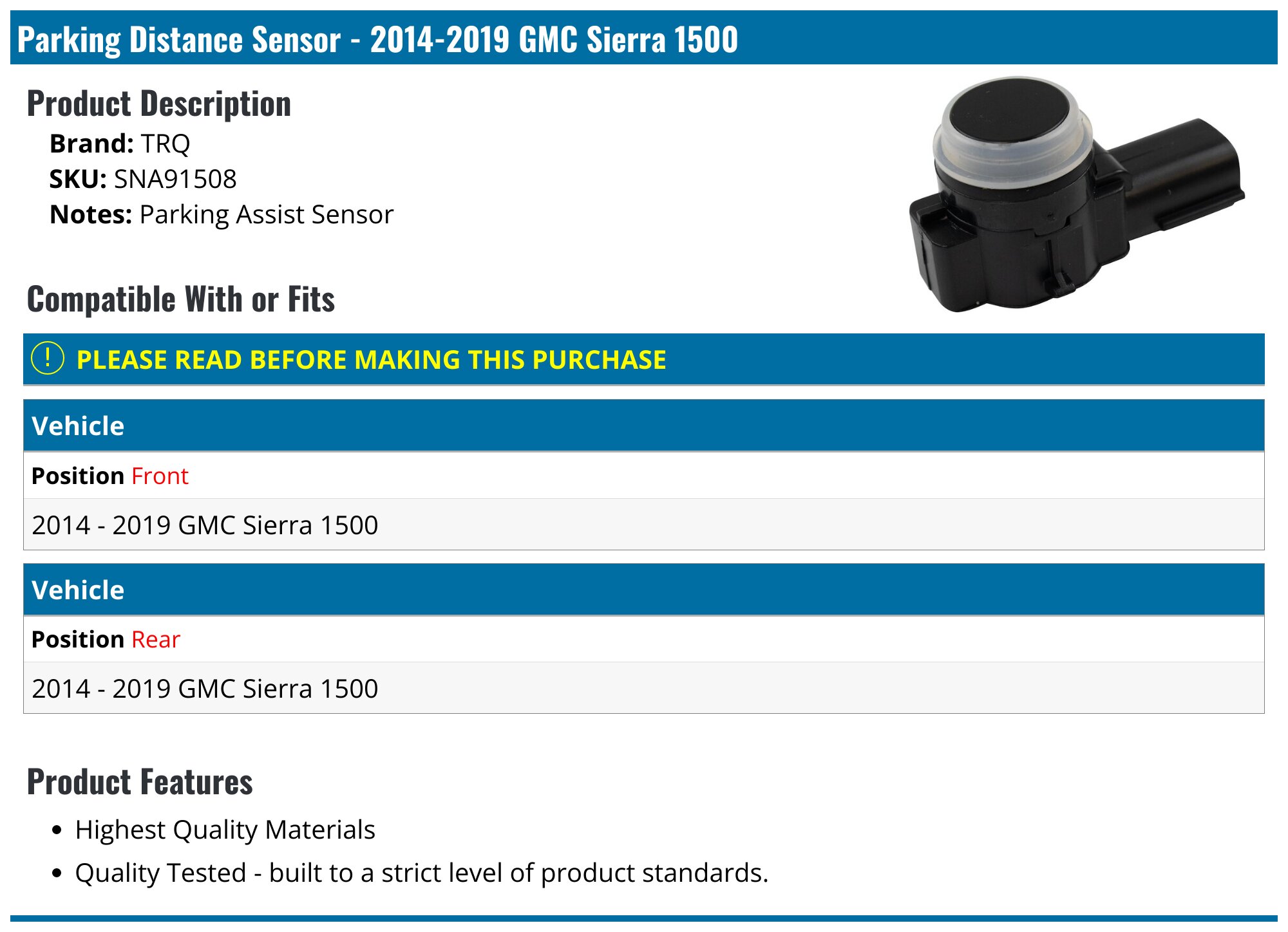 2014-2018 GMC Sierra 1500 Parking Distance Sensor - TRQ SNA91508 ...