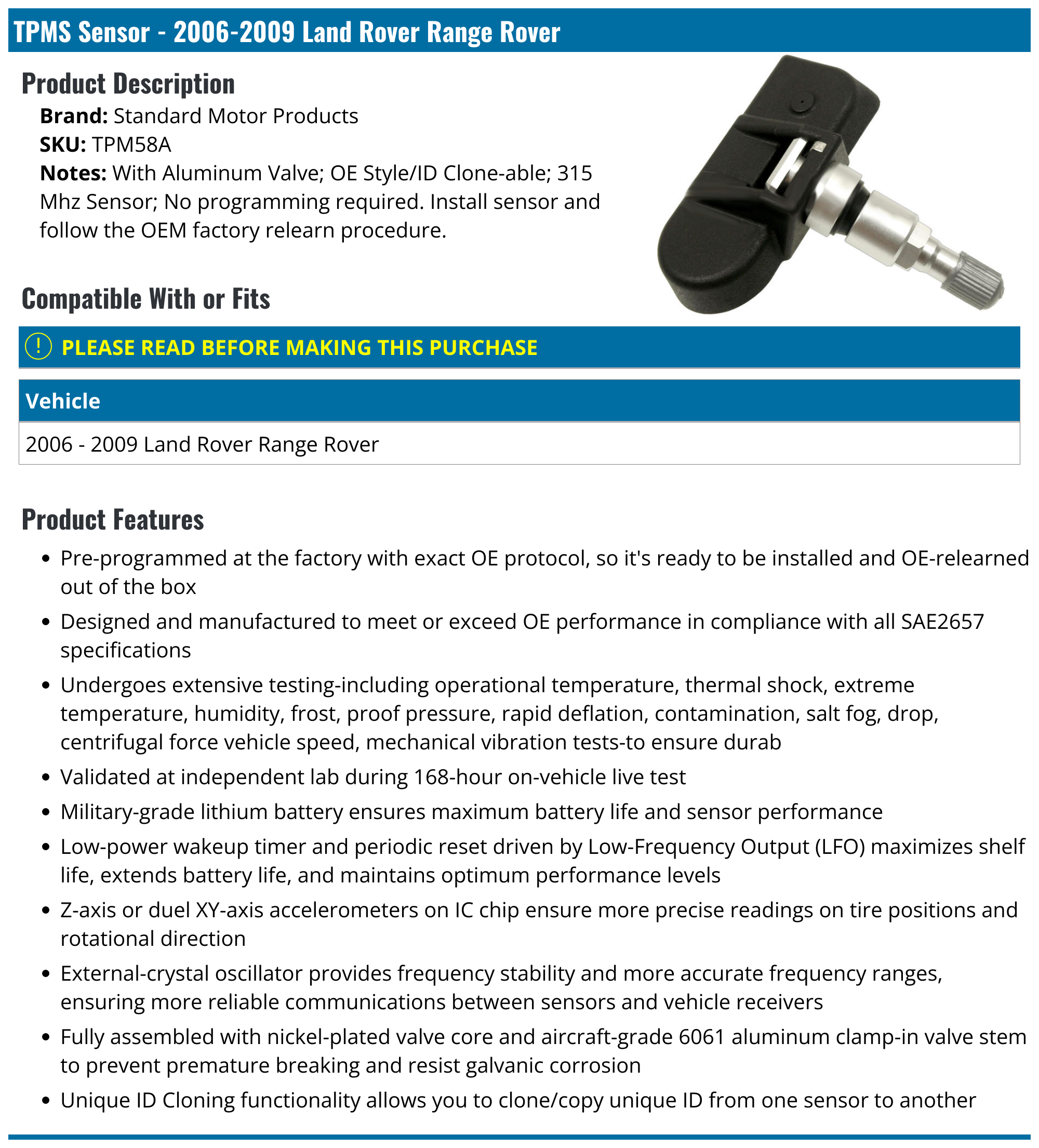 2006-2009 Land Rover Range Rover Tire Pressure Monitoring Sensor ...