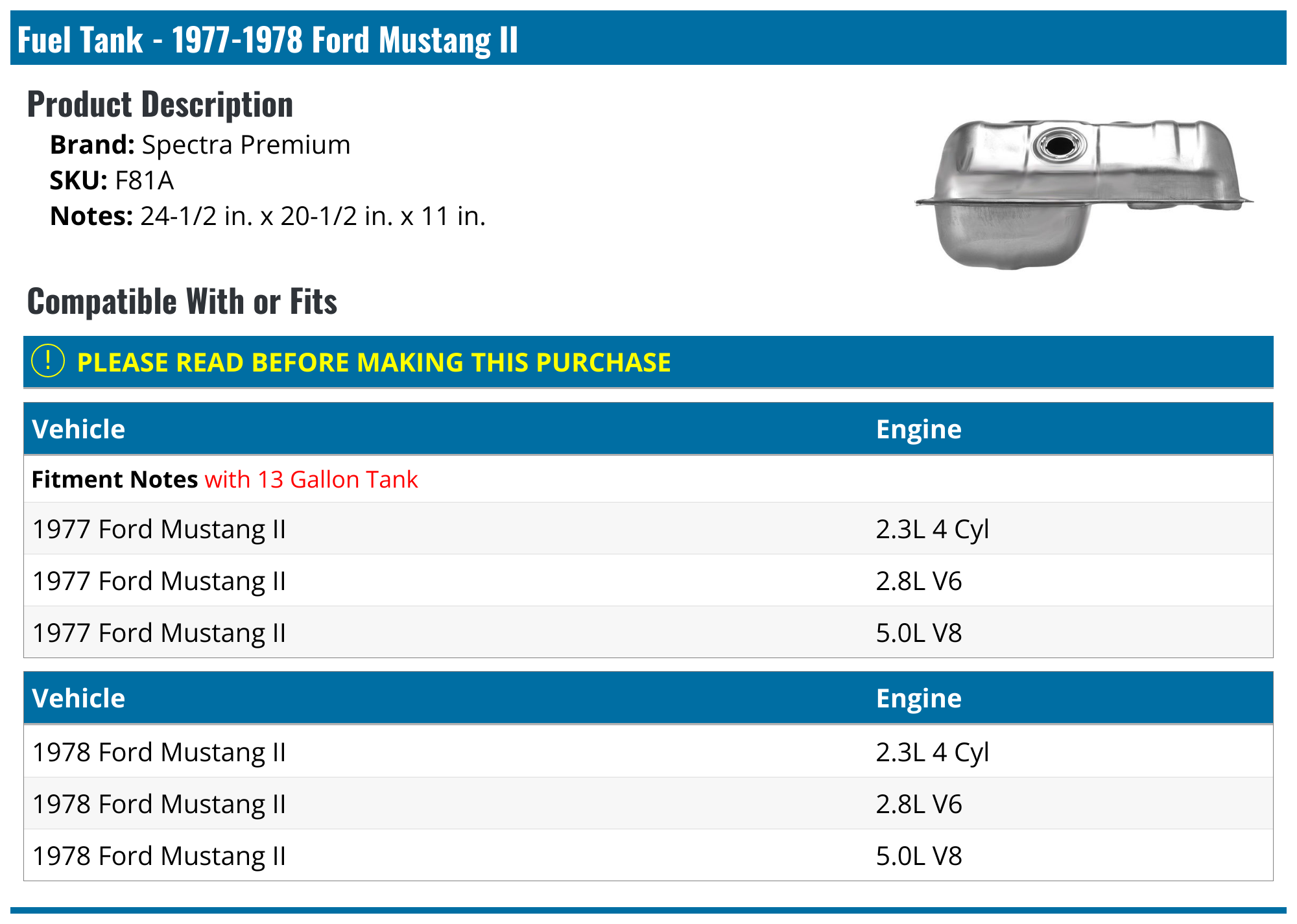 1977-1978 Ford Mustang II Fuel Tank - Spectra Premium F81A - PartsGeek.com