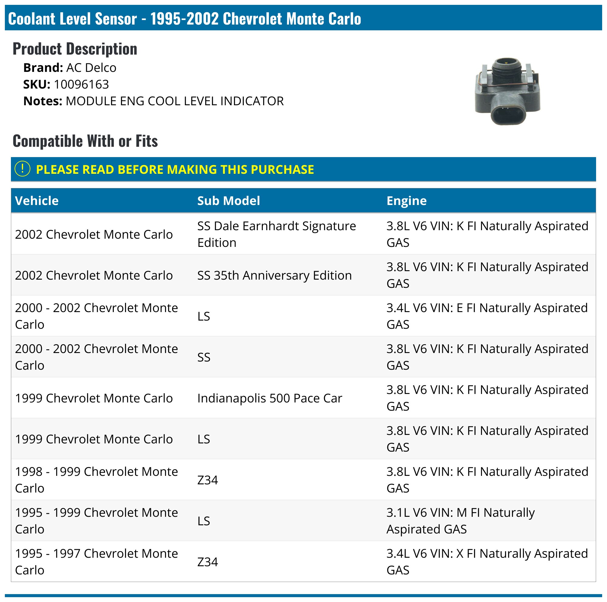 1995-2002 Chevrolet Monte Carlo Coolant Level Sensor - AC Delco ...