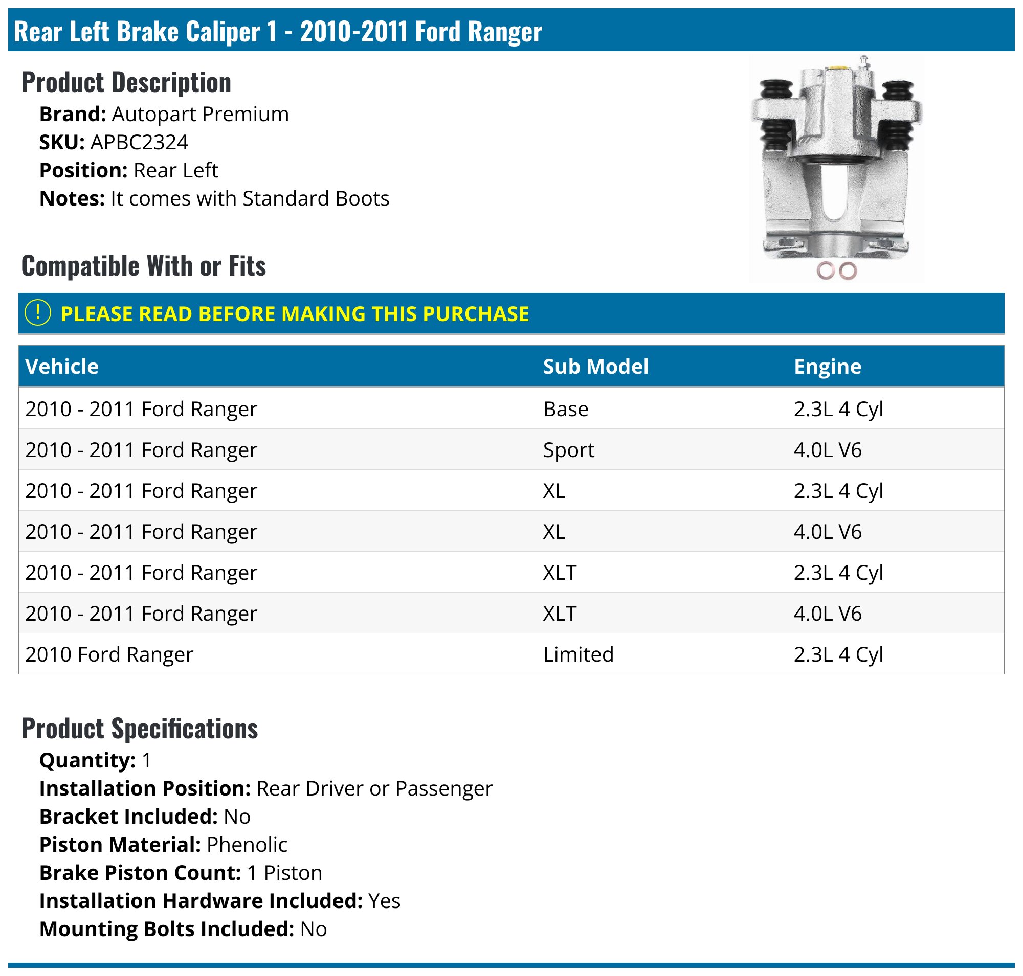 2010-2011 Ford Ranger Brake Caliper - Autopart Premium APBC2324 - Rear ...
