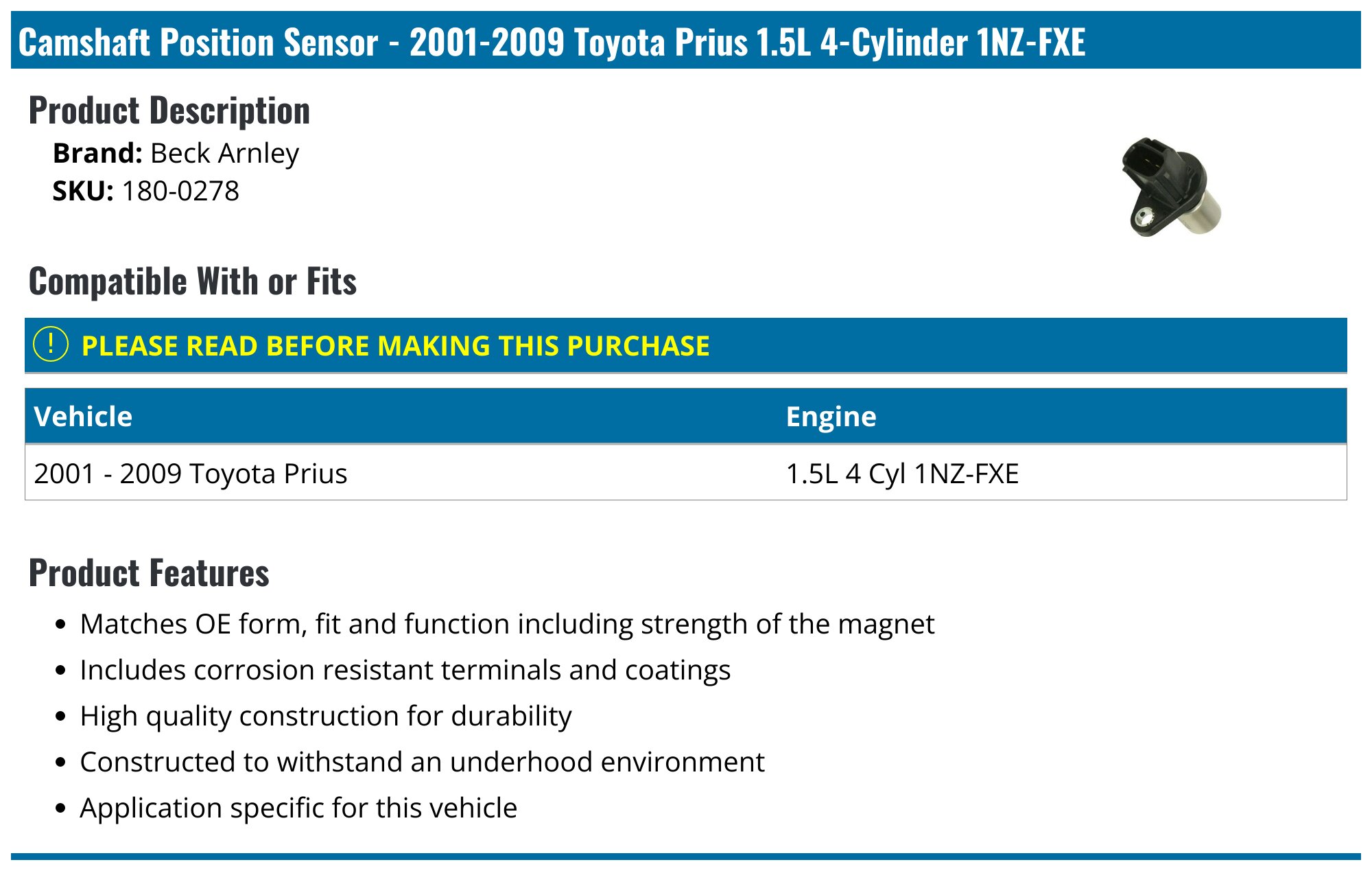 2001-2009 Toyota Prius Camshaft Position Sensor - Beck Arnley 180-0278 ...