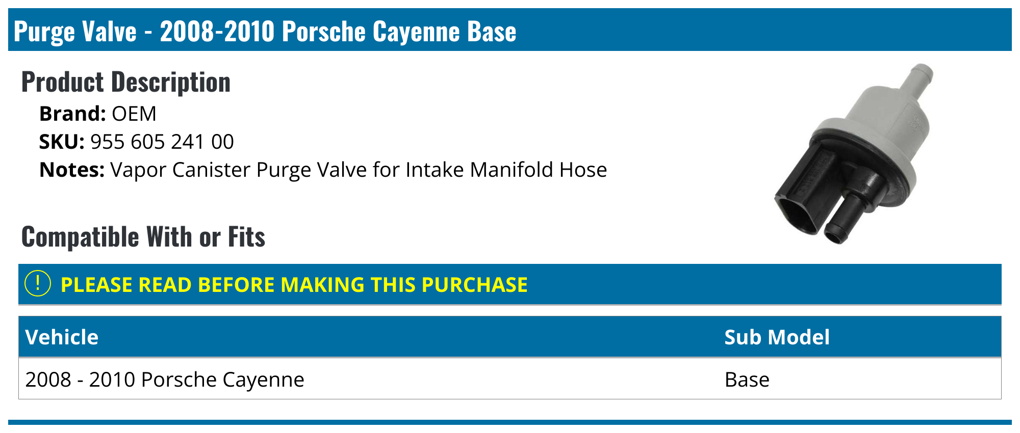 2008-2010 Porsche Cayenne Purge Valve - OEM 955 605 241 00 ...