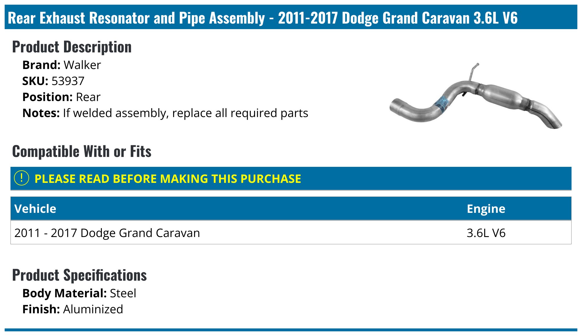 2011-2020 Dodge Grand Caravan Exhaust Resonator - Walker 53937 - Rear ...