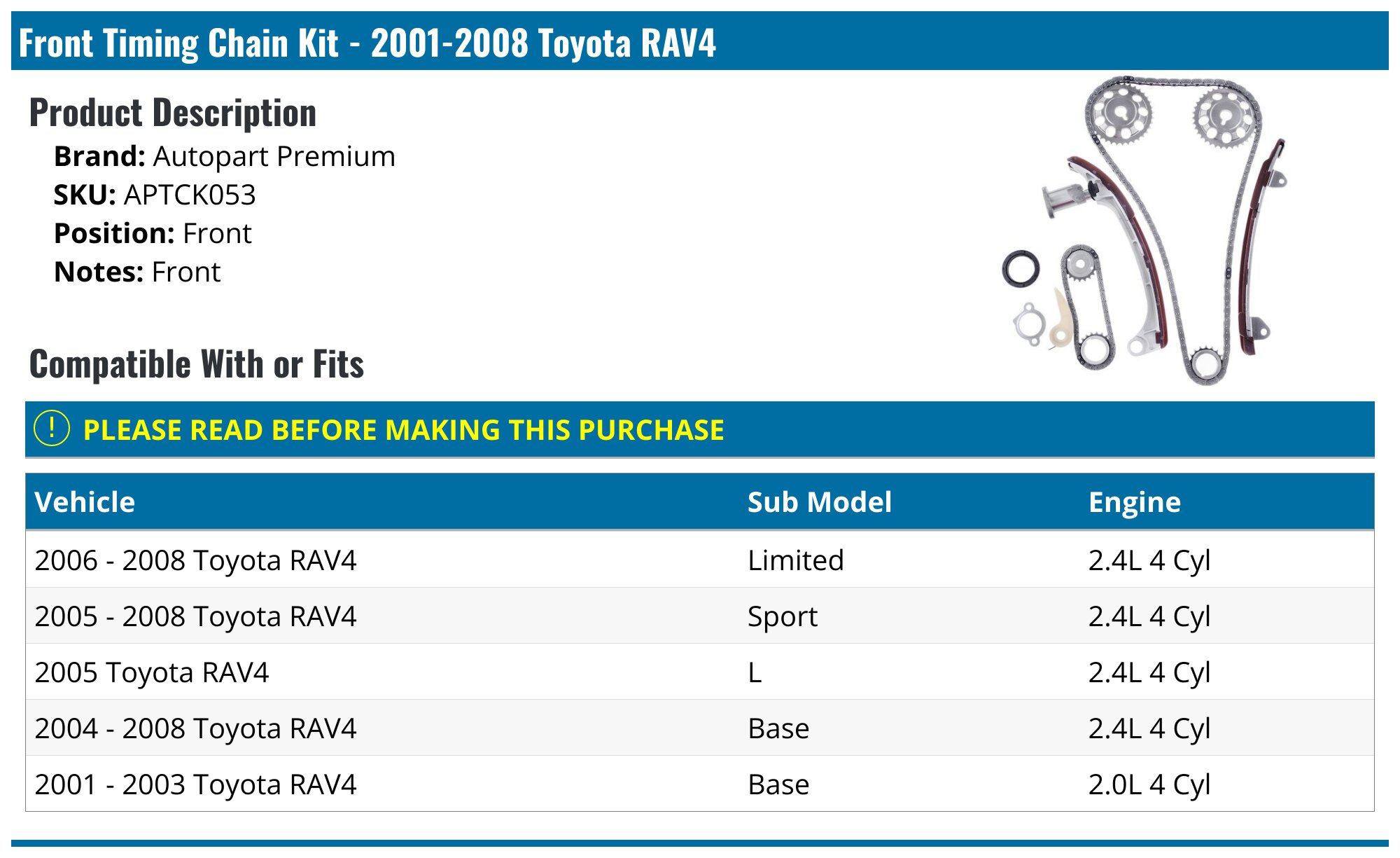 2001-2008 Toyota RAV4 Timing Chain - Autopart Premium APTCK053 ...
