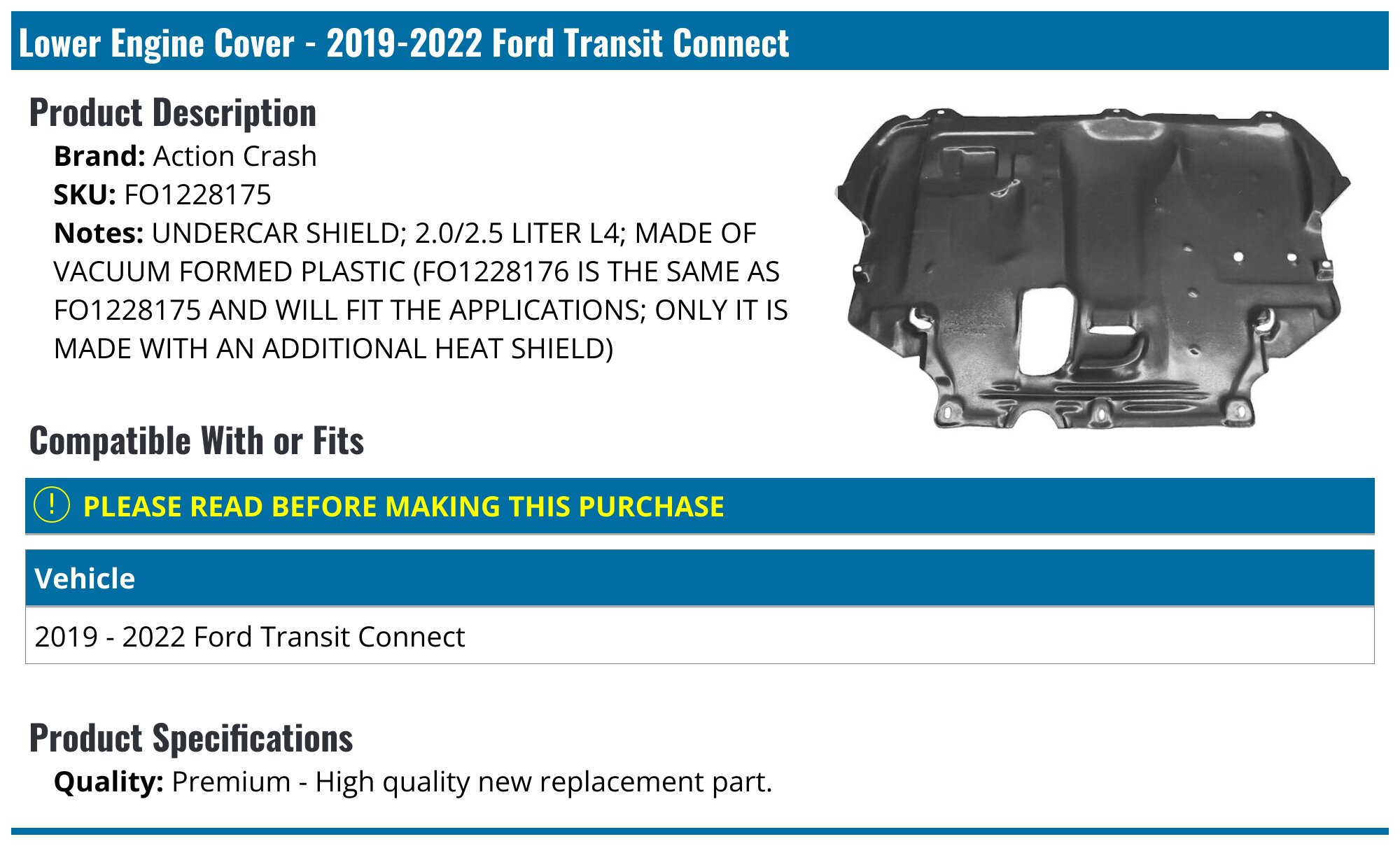 2019-2023 Ford Transit Connect Lower Engine Cover - Action Crash ...