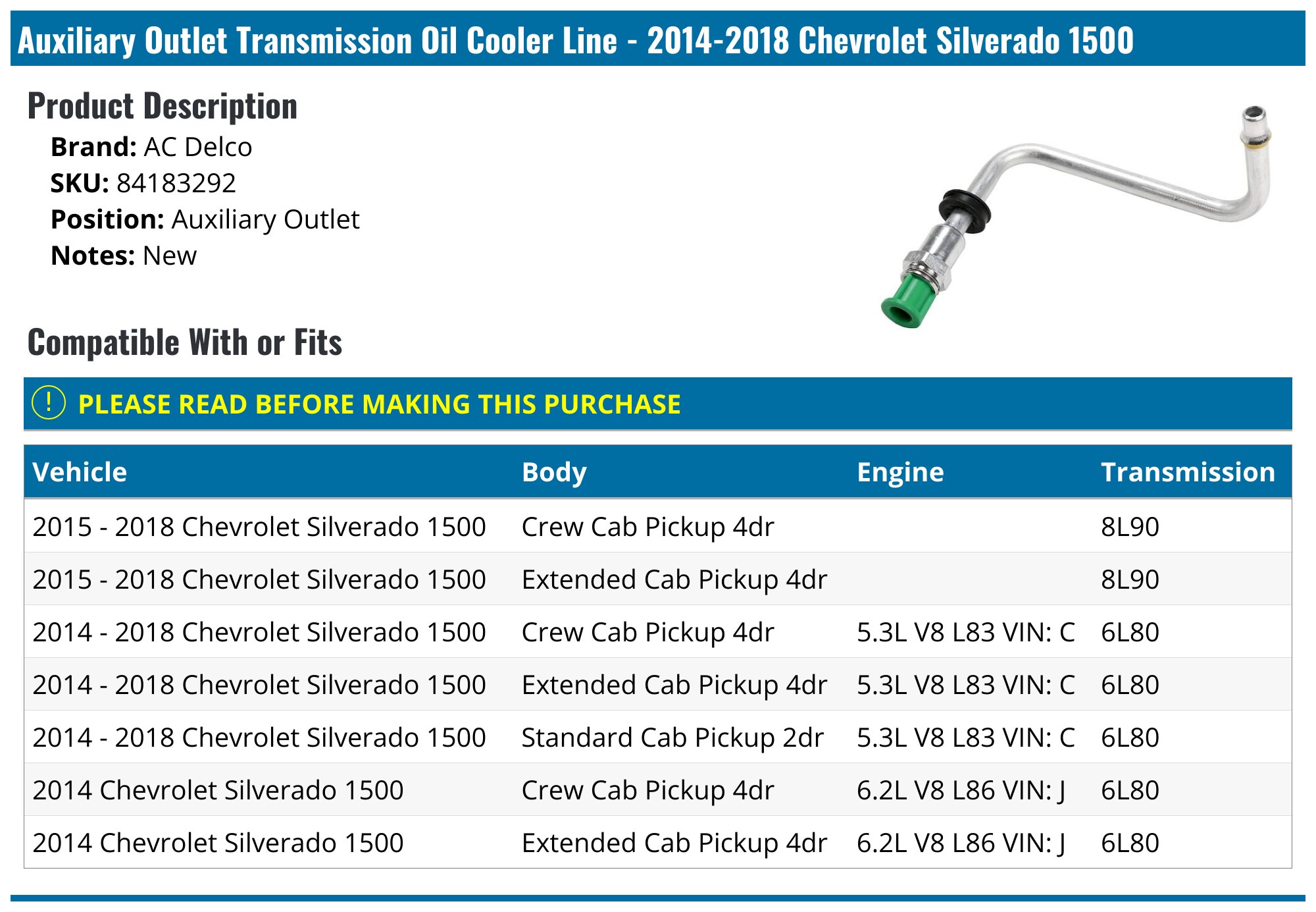 2014-2018 Chevrolet Silverado 1500 Transmission Oil Cooler Line - AC ...