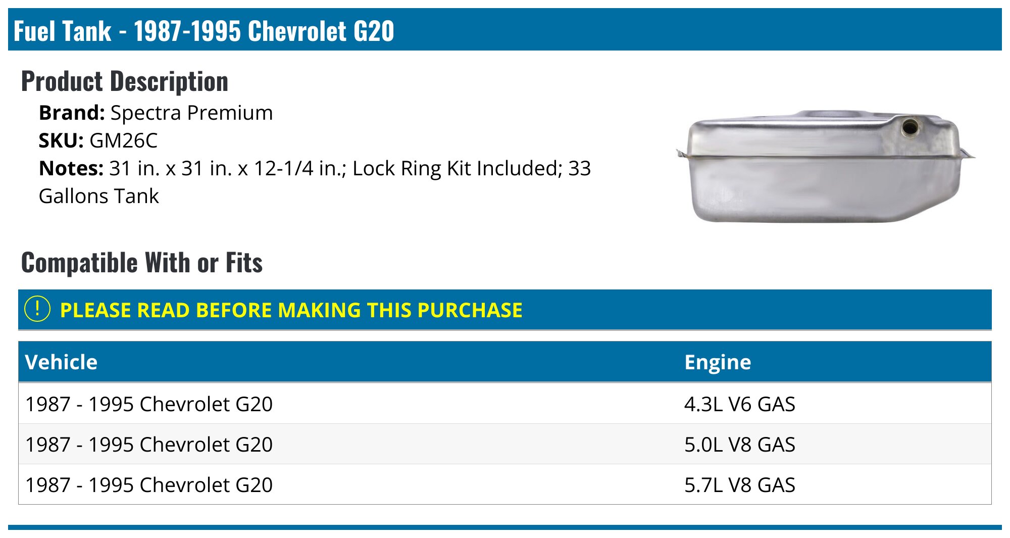1987-1995 Chevrolet G20 Fuel Tank - Spectra Premium GM26C - - PartsGeek.com